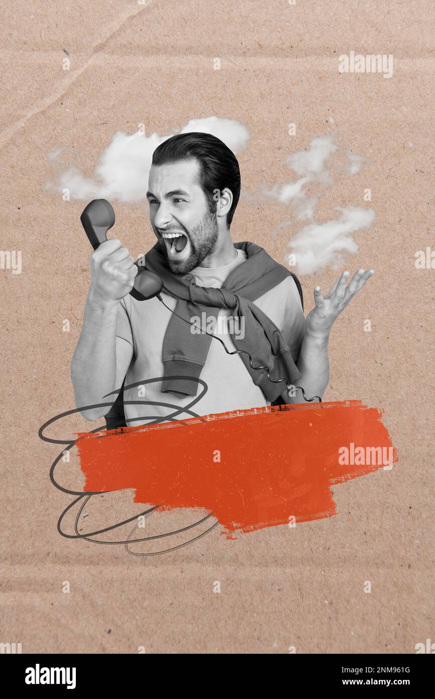 Picture painting retro collage of aggressive guy call center customer ...