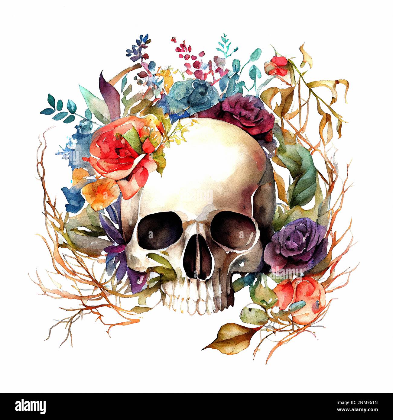 flowers on a scull watercolor hand drawn illustration Stock Photo - Alamy