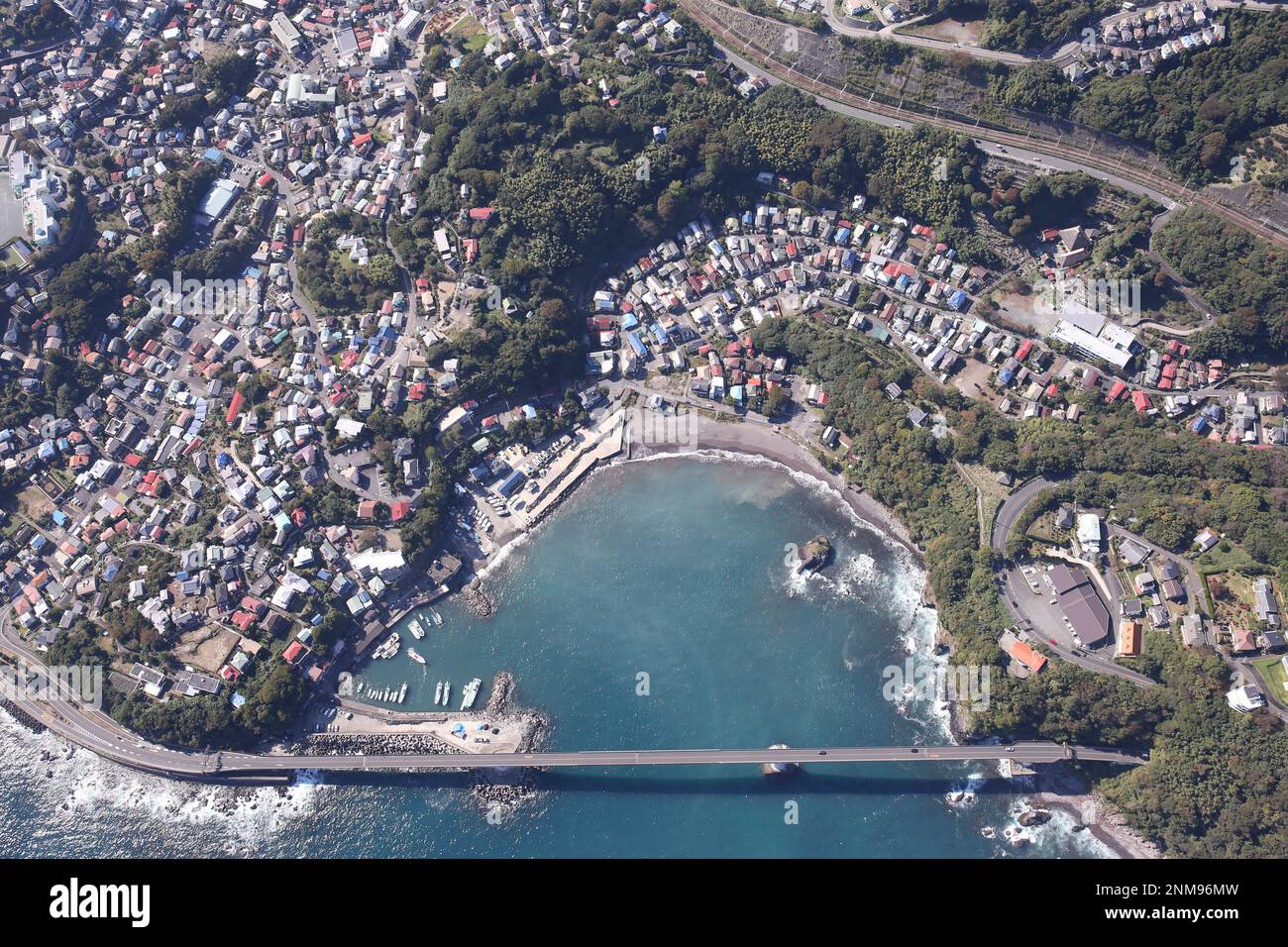 An aerial photo shows Manazuru Iwa Kaigan Beach in Manazuru Town ...