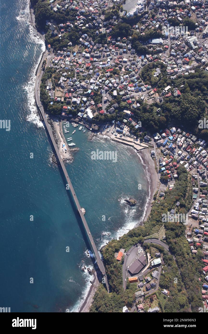 An aerial photo shows Manazuru Iwa Kaigan Beach in Manazuru Town ...