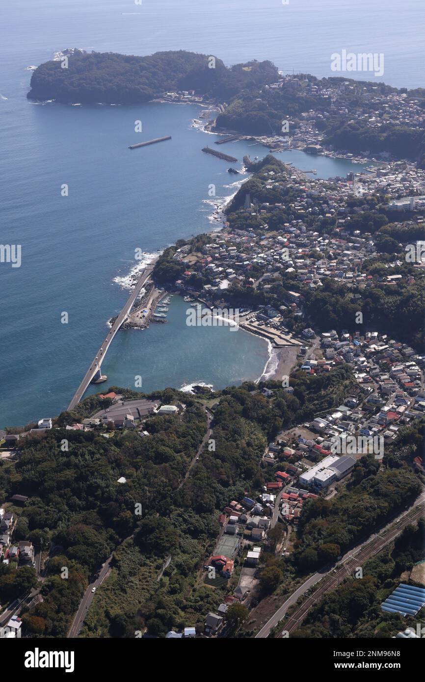 An aerial photo shows Manazuru Iwa Kaigan Beach in Manazuru Town ...