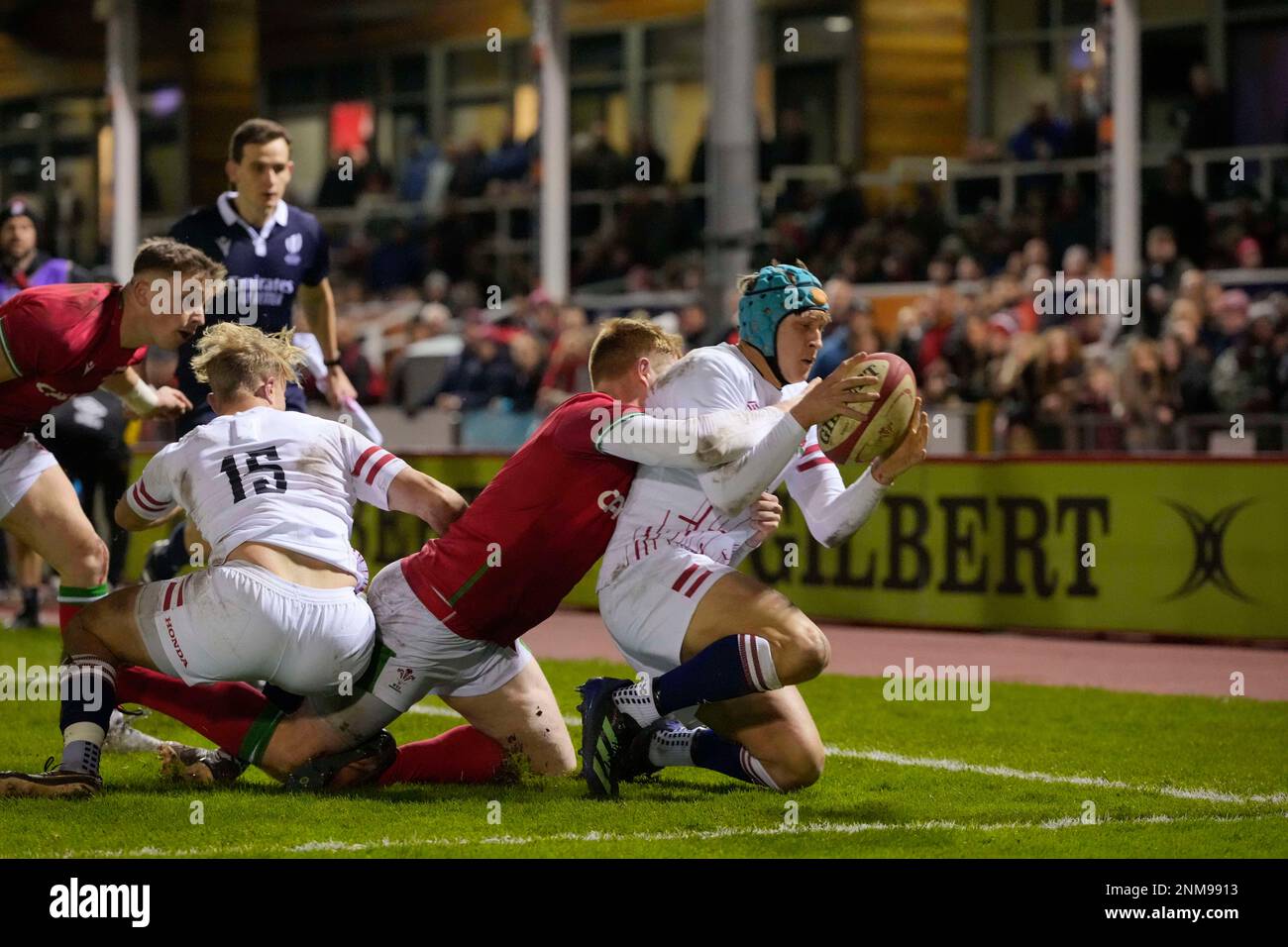 Josh Hathaway of England U20's stretches for the line as he scores a ...