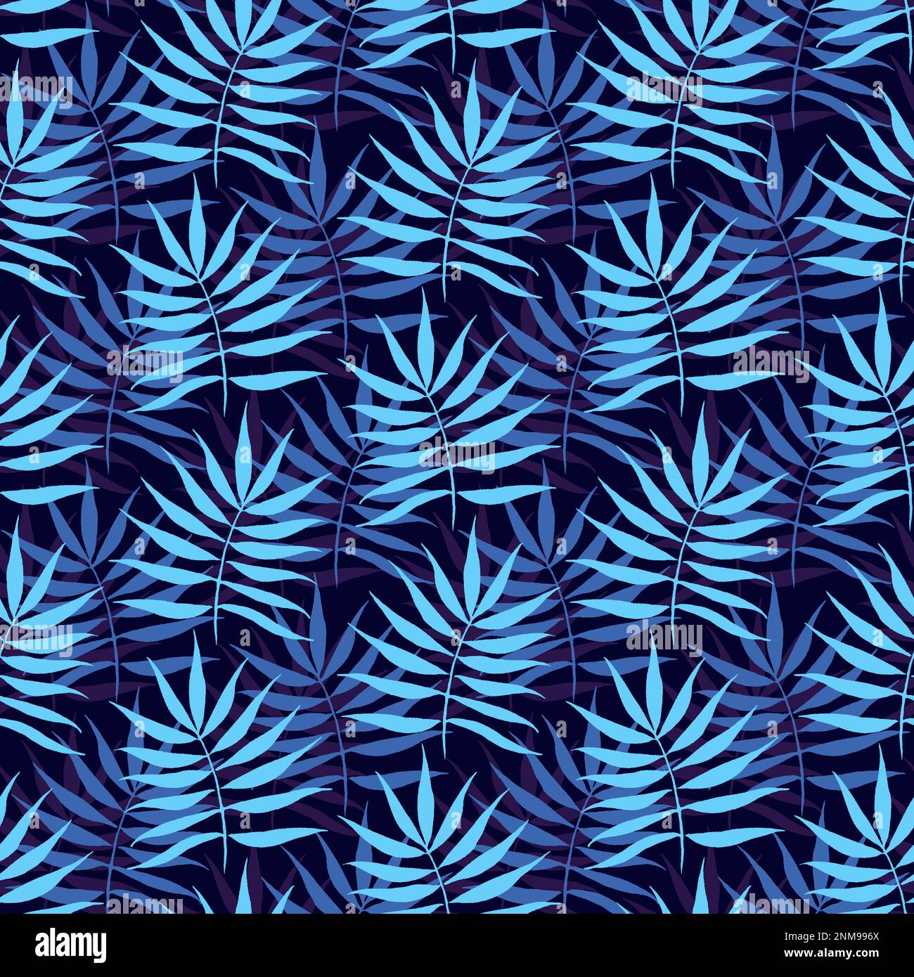 blue tropical leaves, on a dark blue background seamless pattern ...
