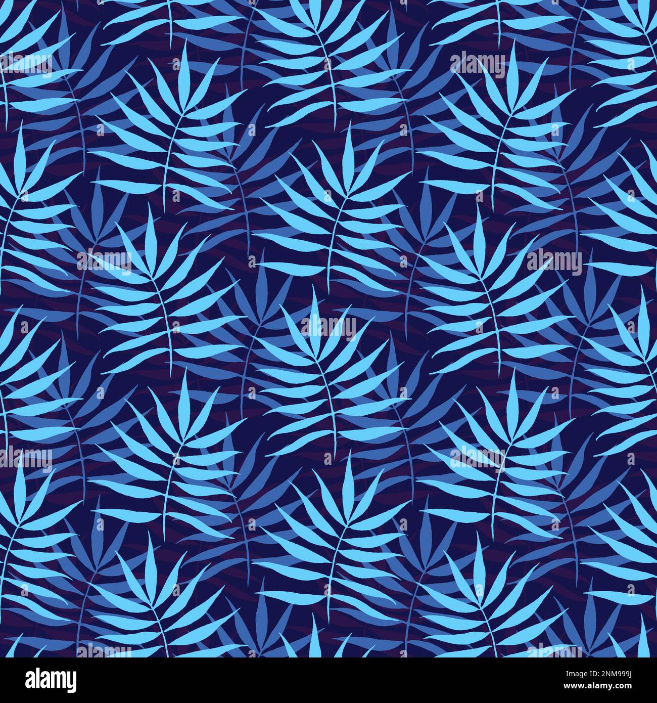 blue tropical leaves, on a dark blue background seamless pattern ...