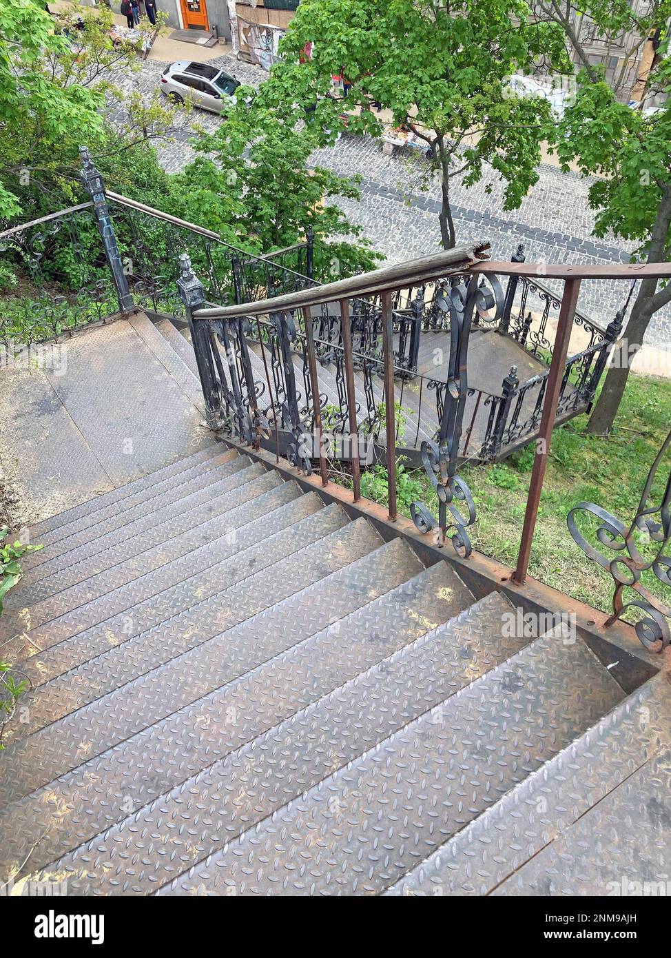 aerial view of rusty stairs, rusty metal stairs going down, rusty iron ...