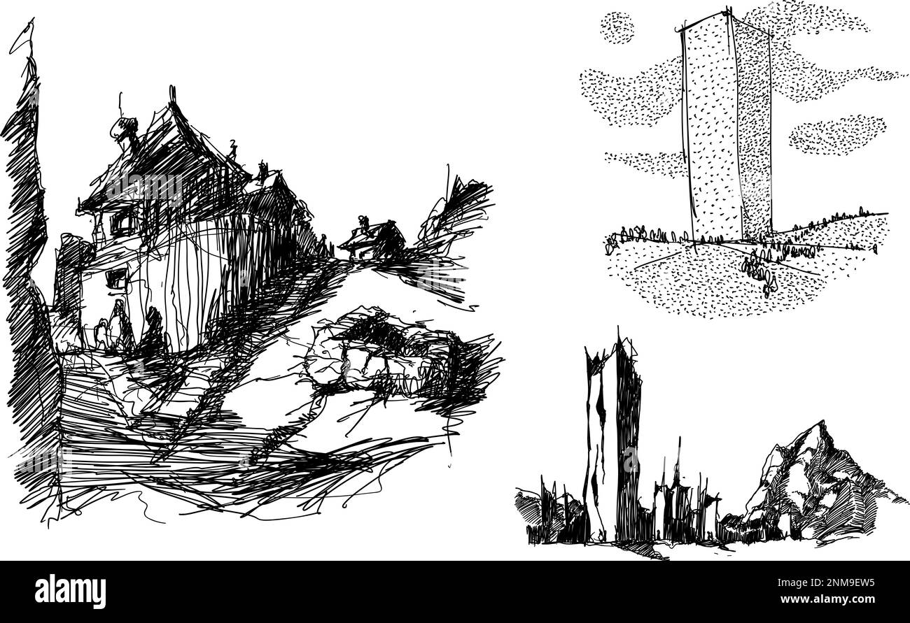 three hand drawn architectectural sketches of strange fantastic ...