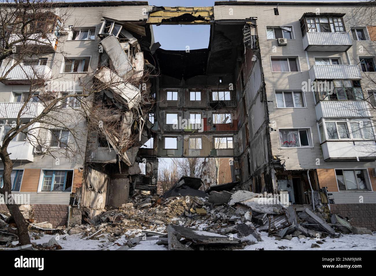 An apartment building destroyed by Russian forces is seen in Bakhmut ...