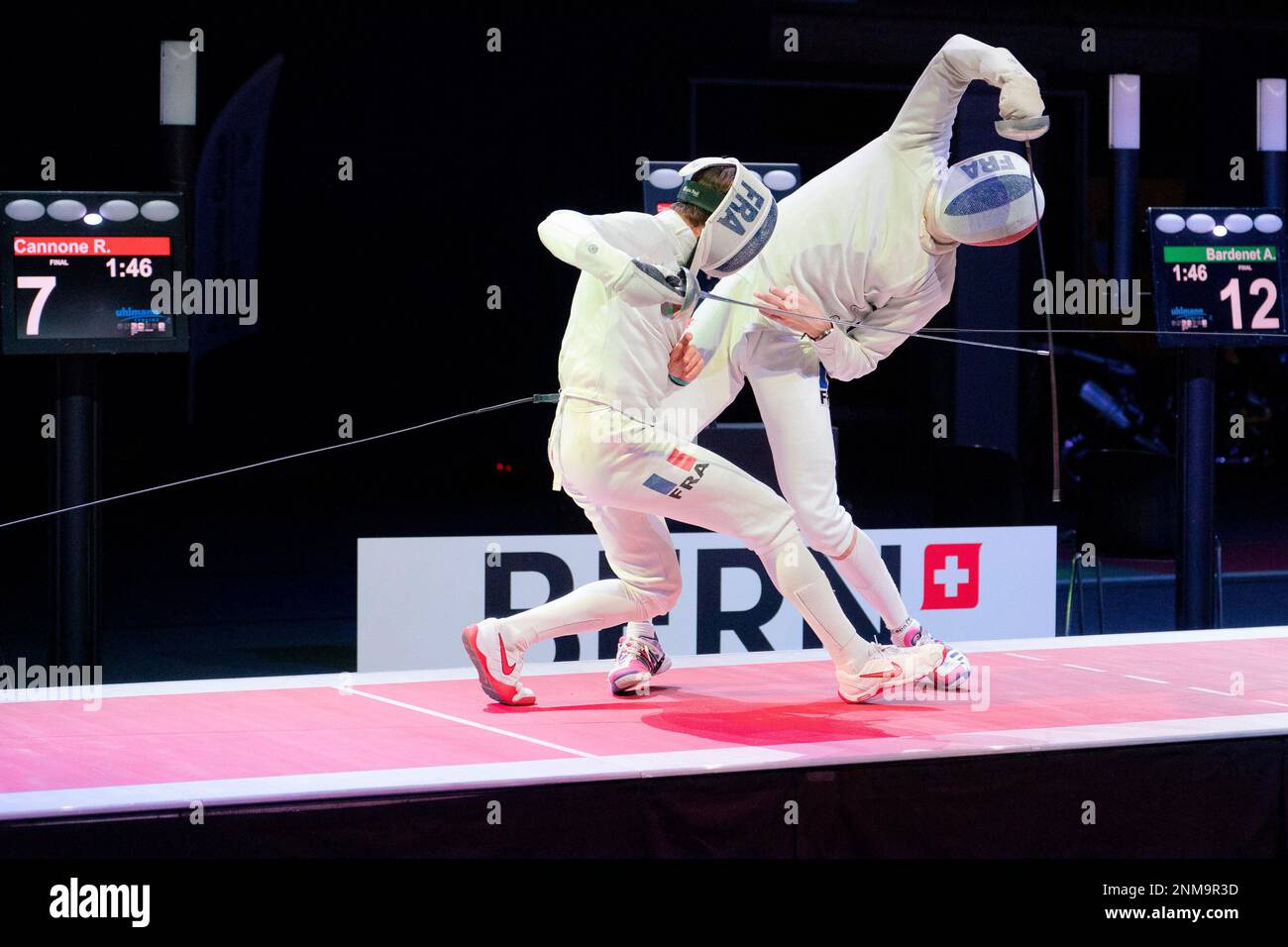 France's Romain Cannone, left, and France's Alexandre Bardenet compete ...