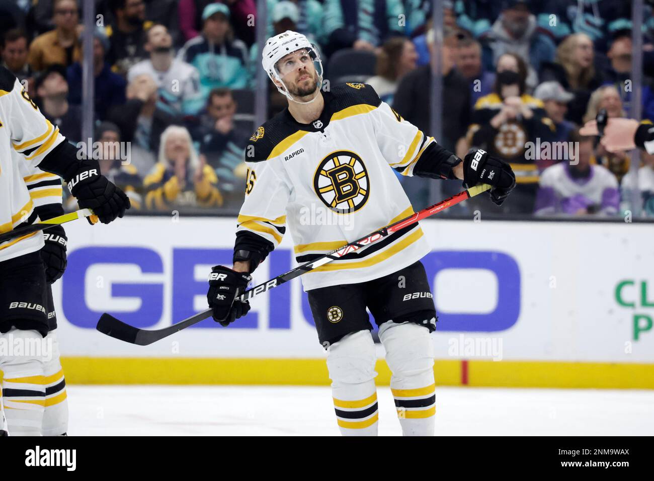 Boston Bruins center David Krejci (46) skates on the ice looking up to ...