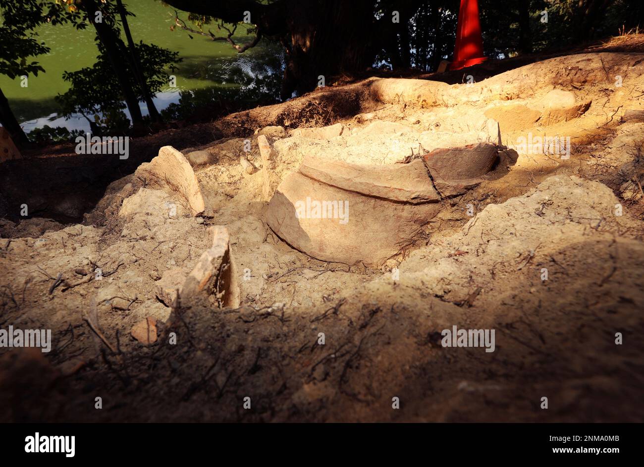 A row of cylindrical clay figures is excavated at an ancient tomb "Mozu Tombs" in Sakai City ...