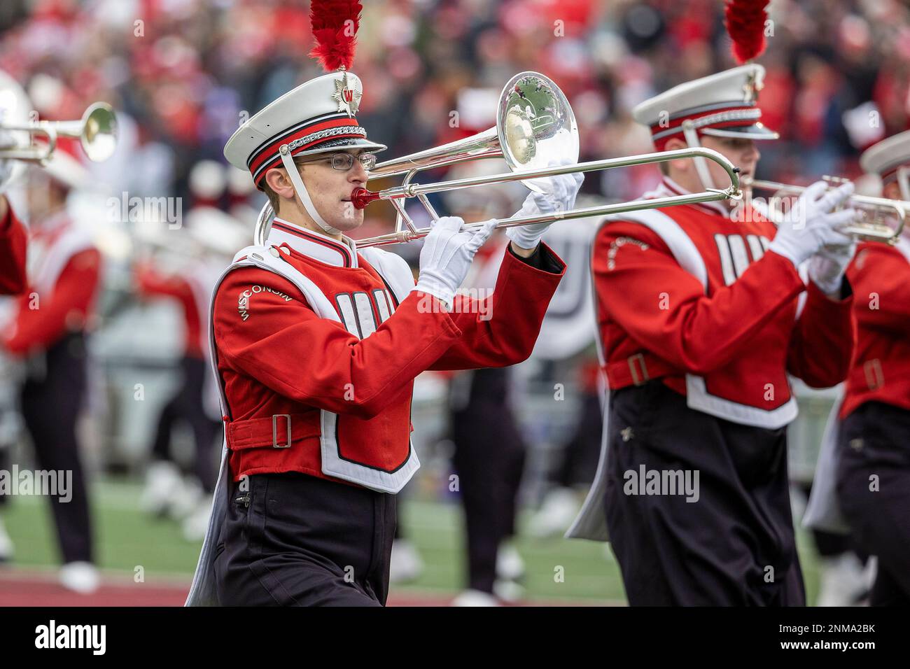 Wisconsin Badgers marching band performs during halftime during an NCAA ...