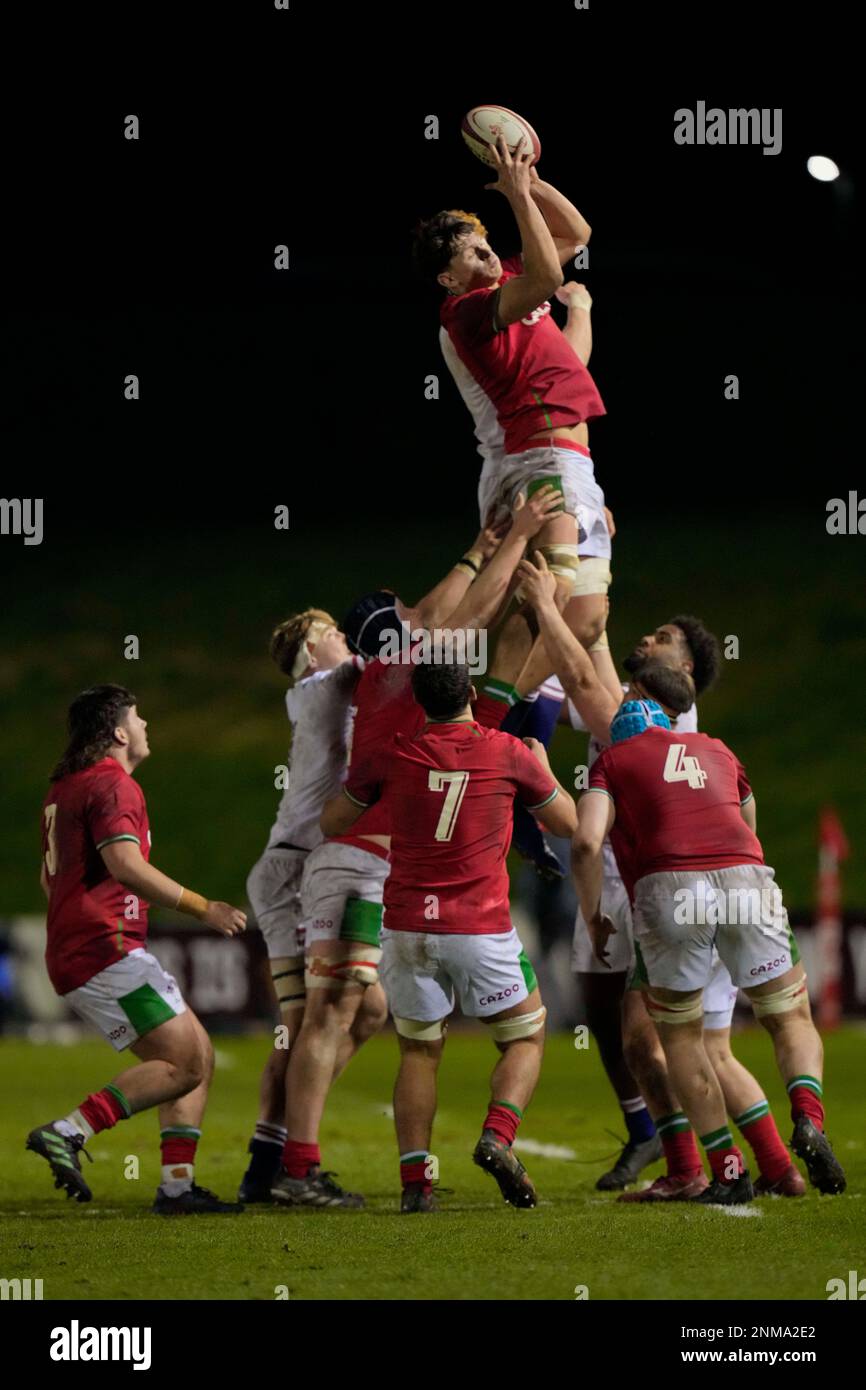 Ryan Woodman #6 of Wales U20's wins a line out during the 2023 U20 Six ...