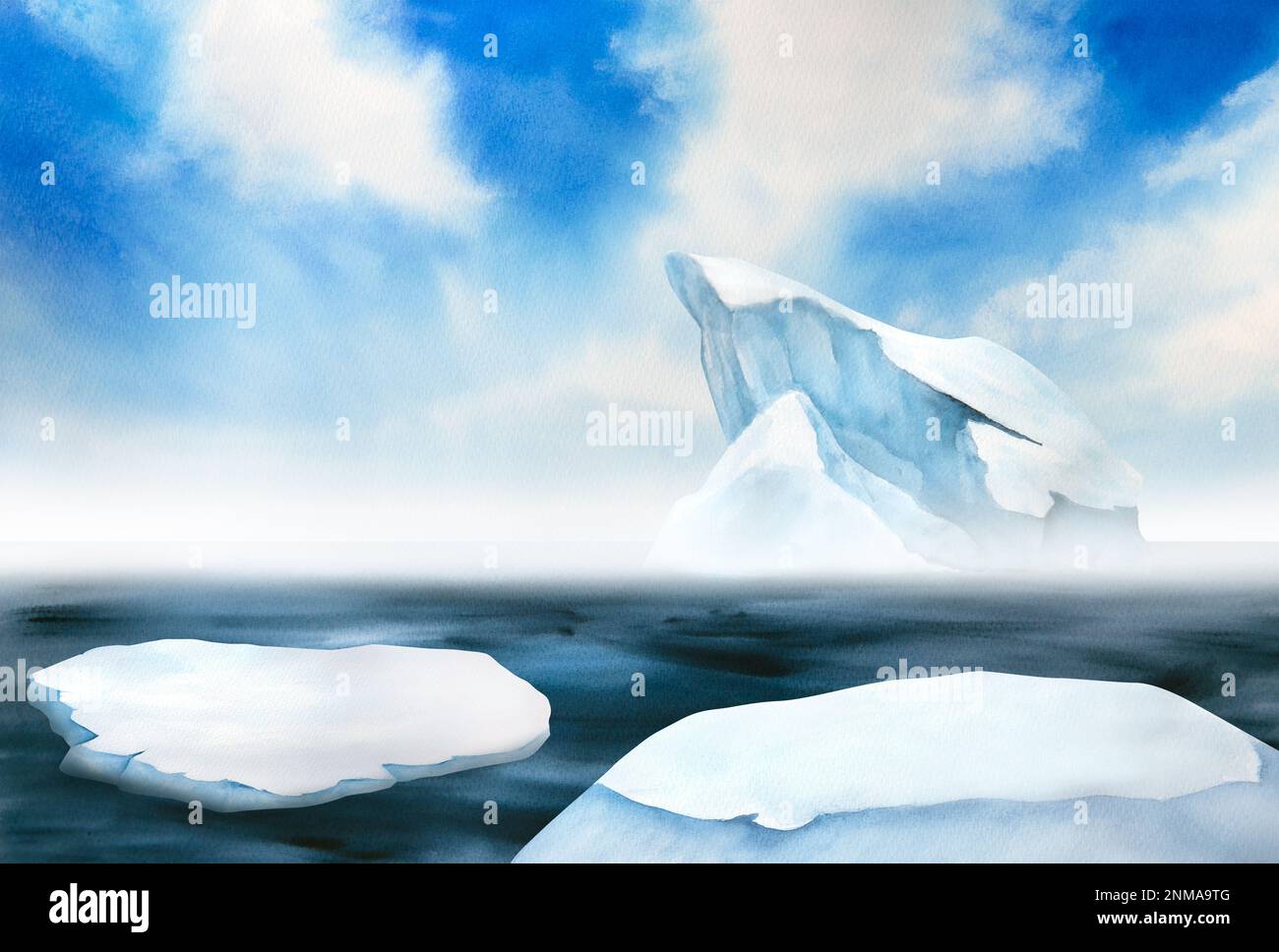 watercolor illustration of north sea landscape, blue sky, floating ice ...