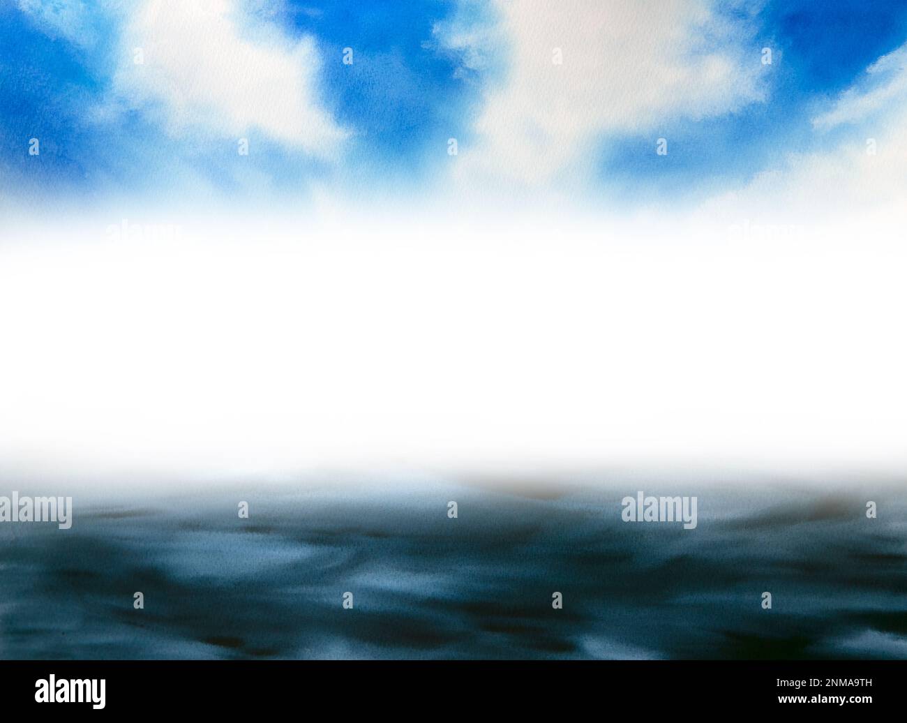 watercolor illustration of north sea landscape, blue sky with a white ...