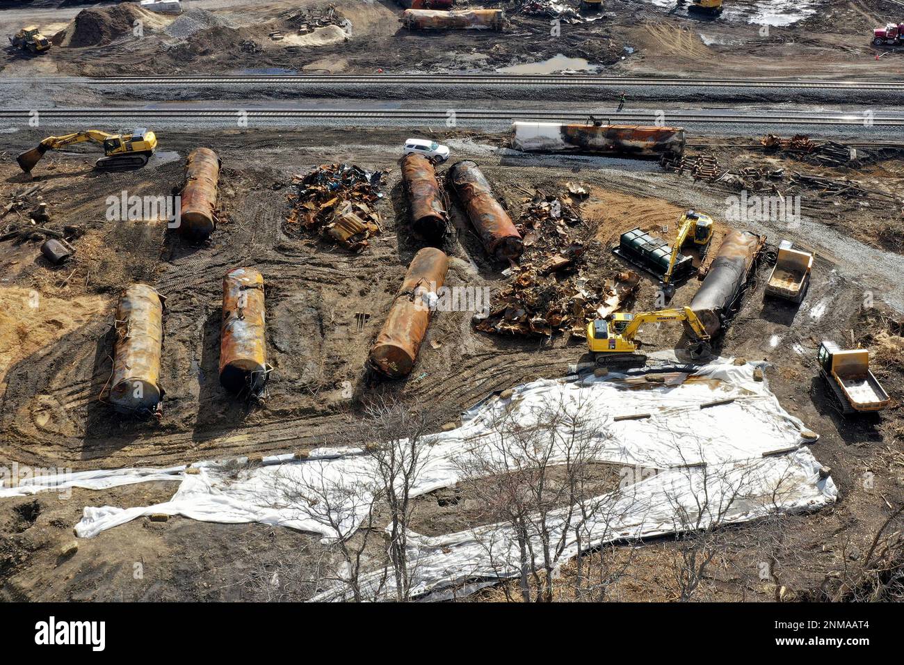A view of the scene Friday, Feb. 24, 2023, as the cleanup continues at ...