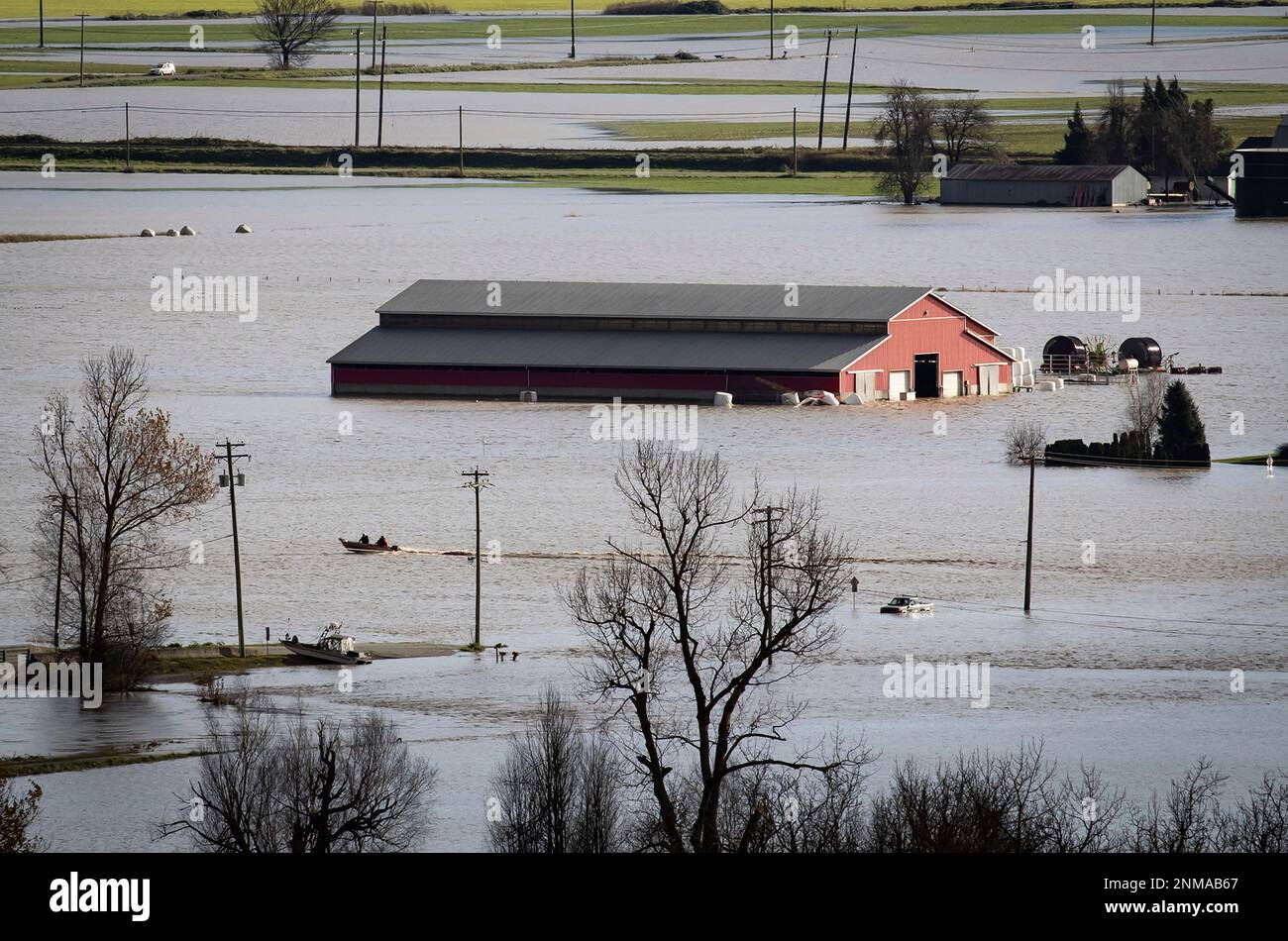 People in a boat travel across flooded farmland in Abbotsford, British ...