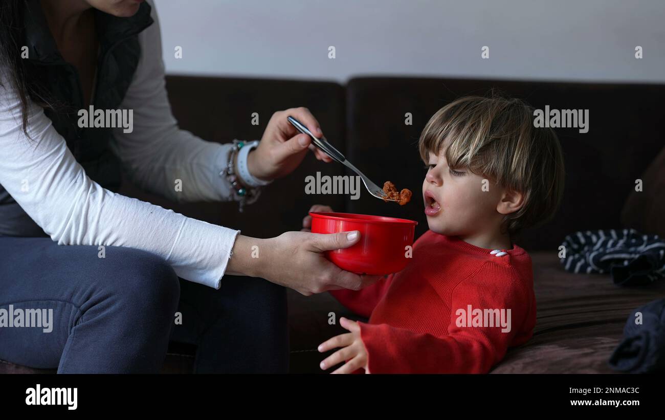 Mother feeds child lunch. Parent giving food to little boy meal time ...