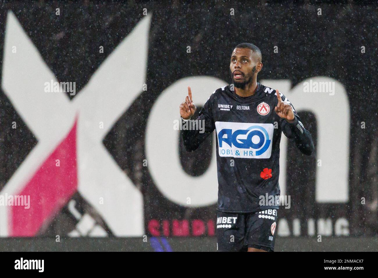 Kortrijk's Faiz Selemani celebrates after scoring during a soccer match ...