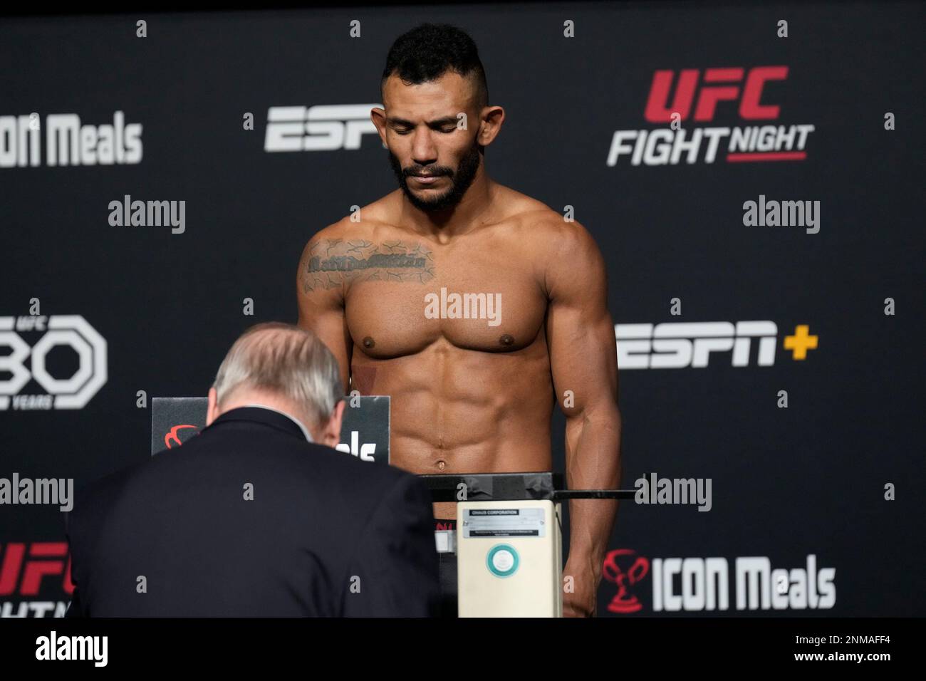 LAS VEGAS, NV - FEBRUARY 24: Rafael Alves steps on the scale for the ...