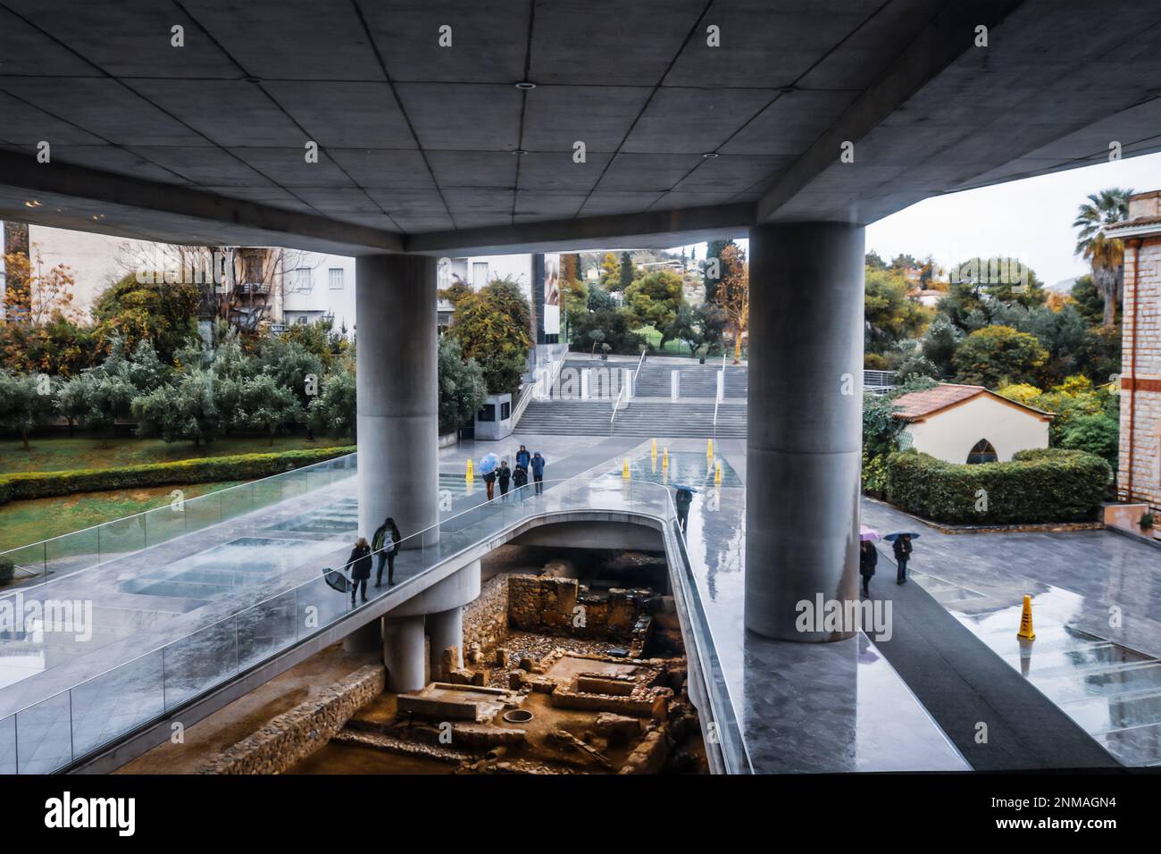 Entrance to the Acropolis Museum showing the Archaeological Excavation ...