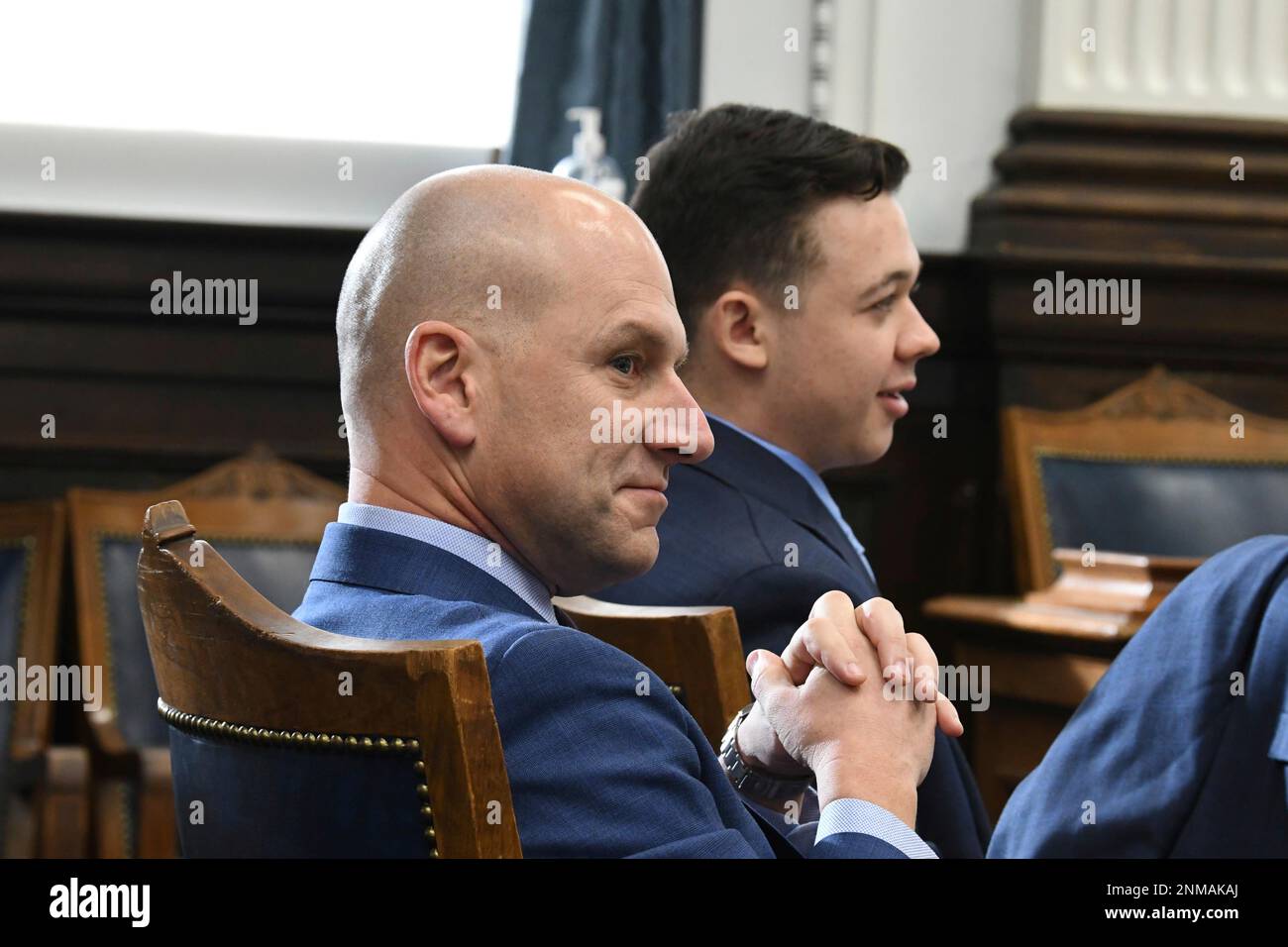 Defense attorney Corey Chirafisi, left, and Kyle Rittenhouse, wait ...