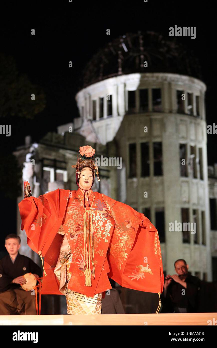 A noh actor performs at the ground zero of the Hiroshima Atomic Bomb with Hiroshima Atomic Bomb ...