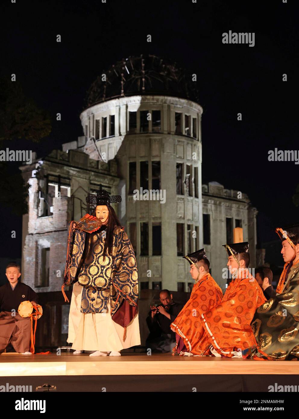 Noh actors perform at the ground zero of the Hiroshima Atomic Bomb of Hiroshima Memorial Peace ...