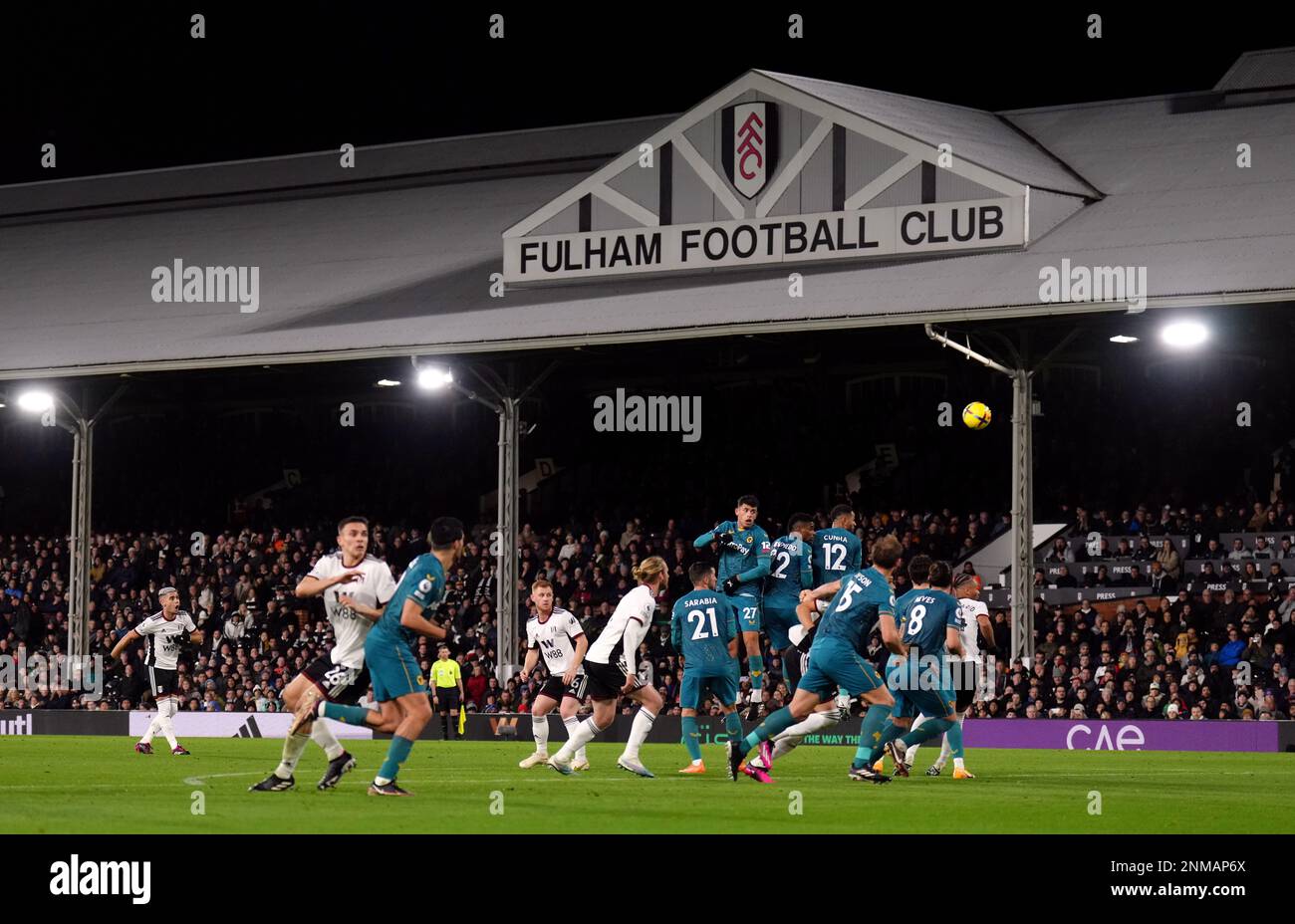 Fulham’s Andreas Pereira watches as his shot from a direct free kick is ...