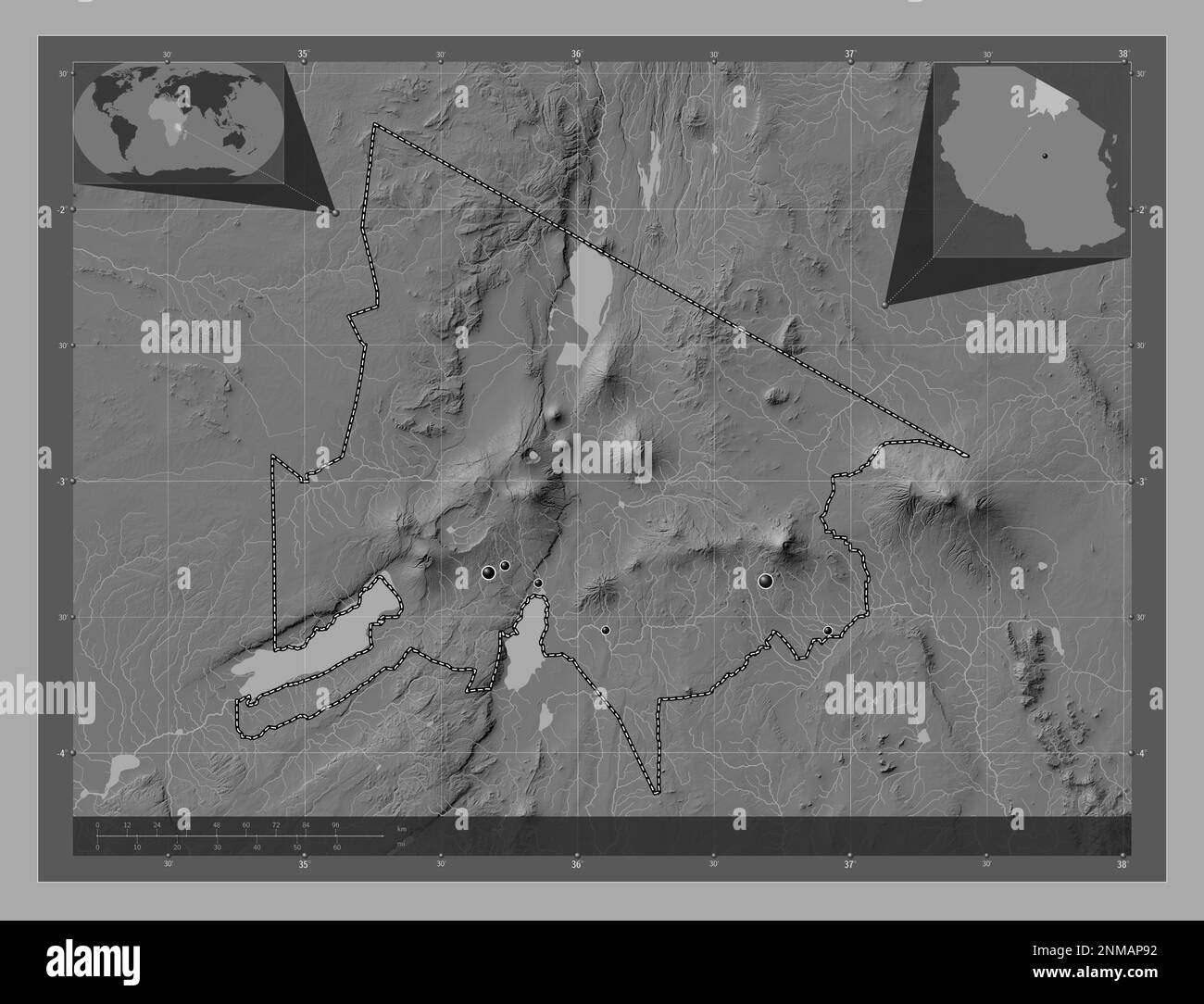 Arusha, region of Tanzania. Bilevel elevation map with lakes and rivers ...