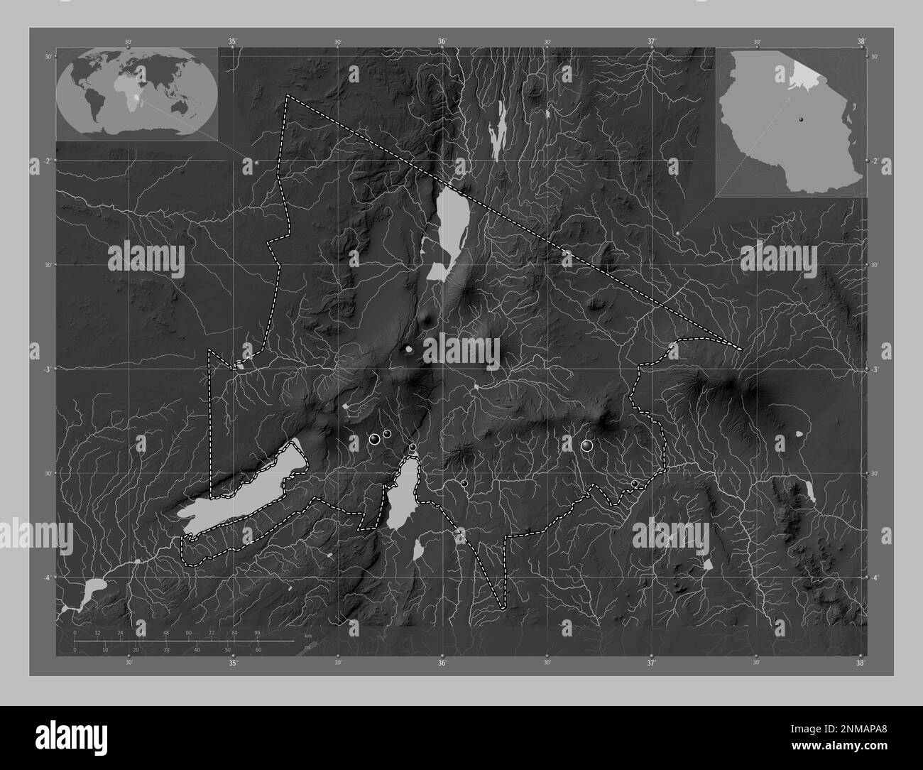 Arusha, region of Tanzania. Grayscale elevation map with lakes and ...