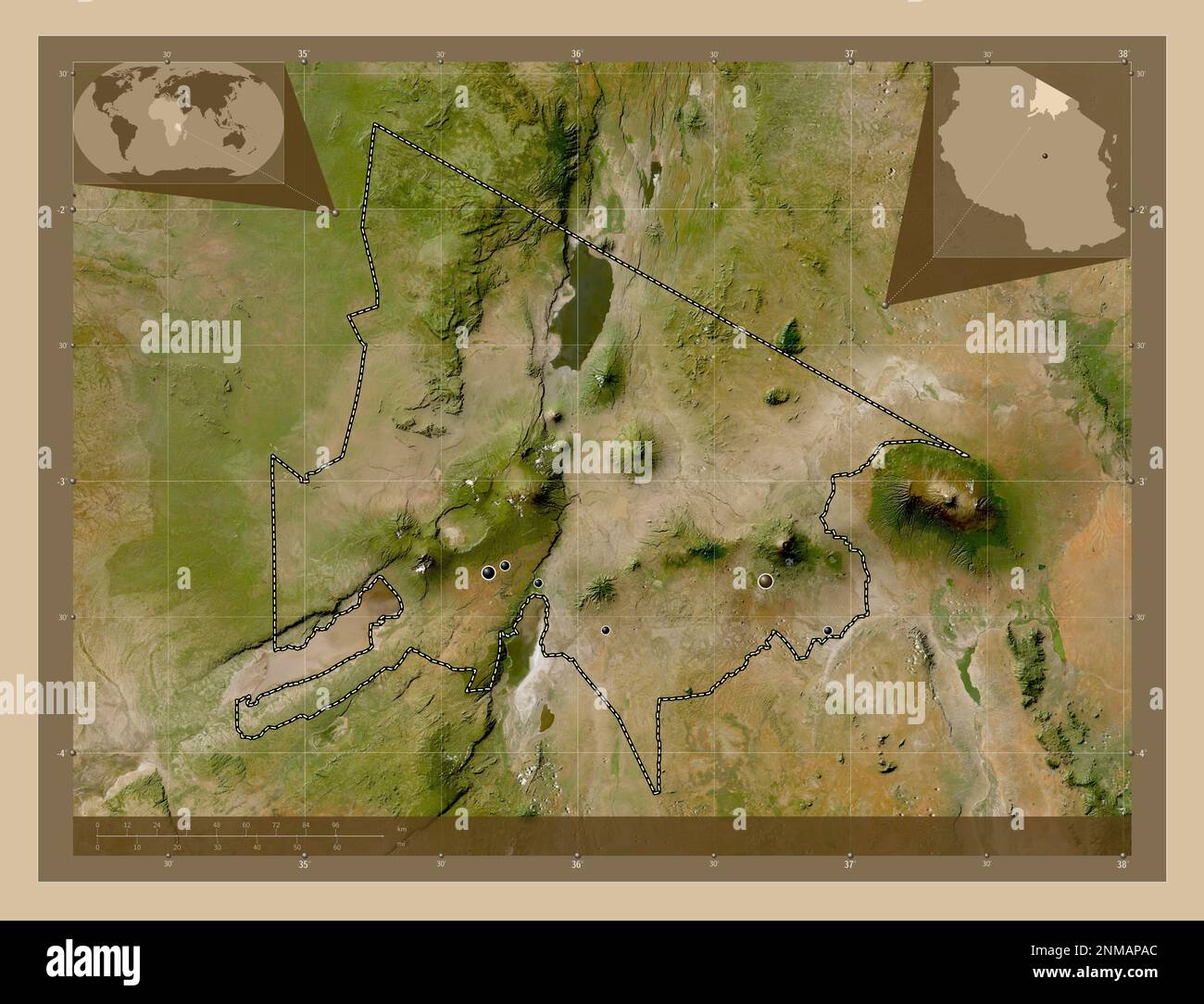 Arusha, region of Tanzania. Low resolution satellite map. Locations of ...