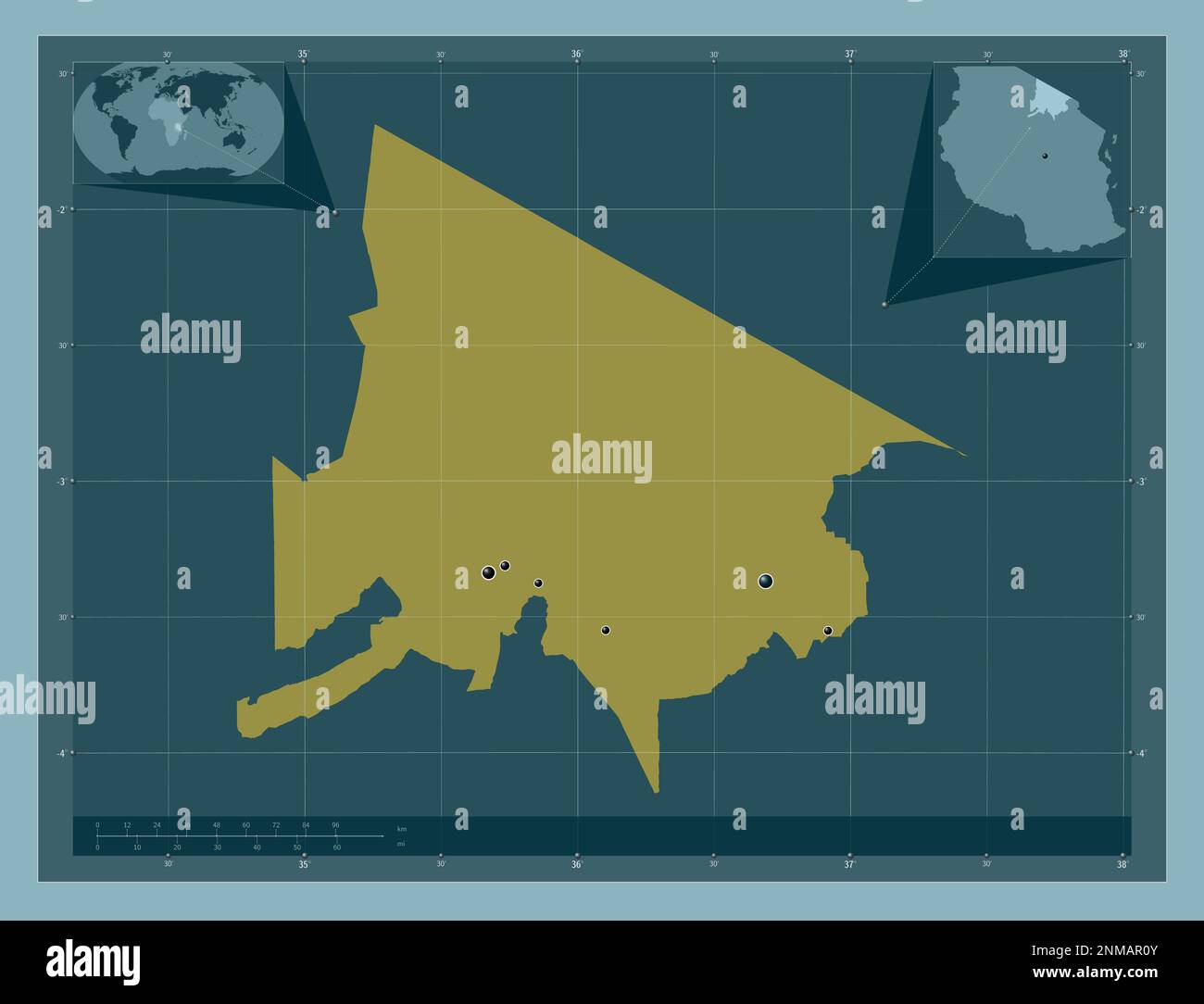 Arusha, region of Tanzania. Solid color shape. Locations of major ...