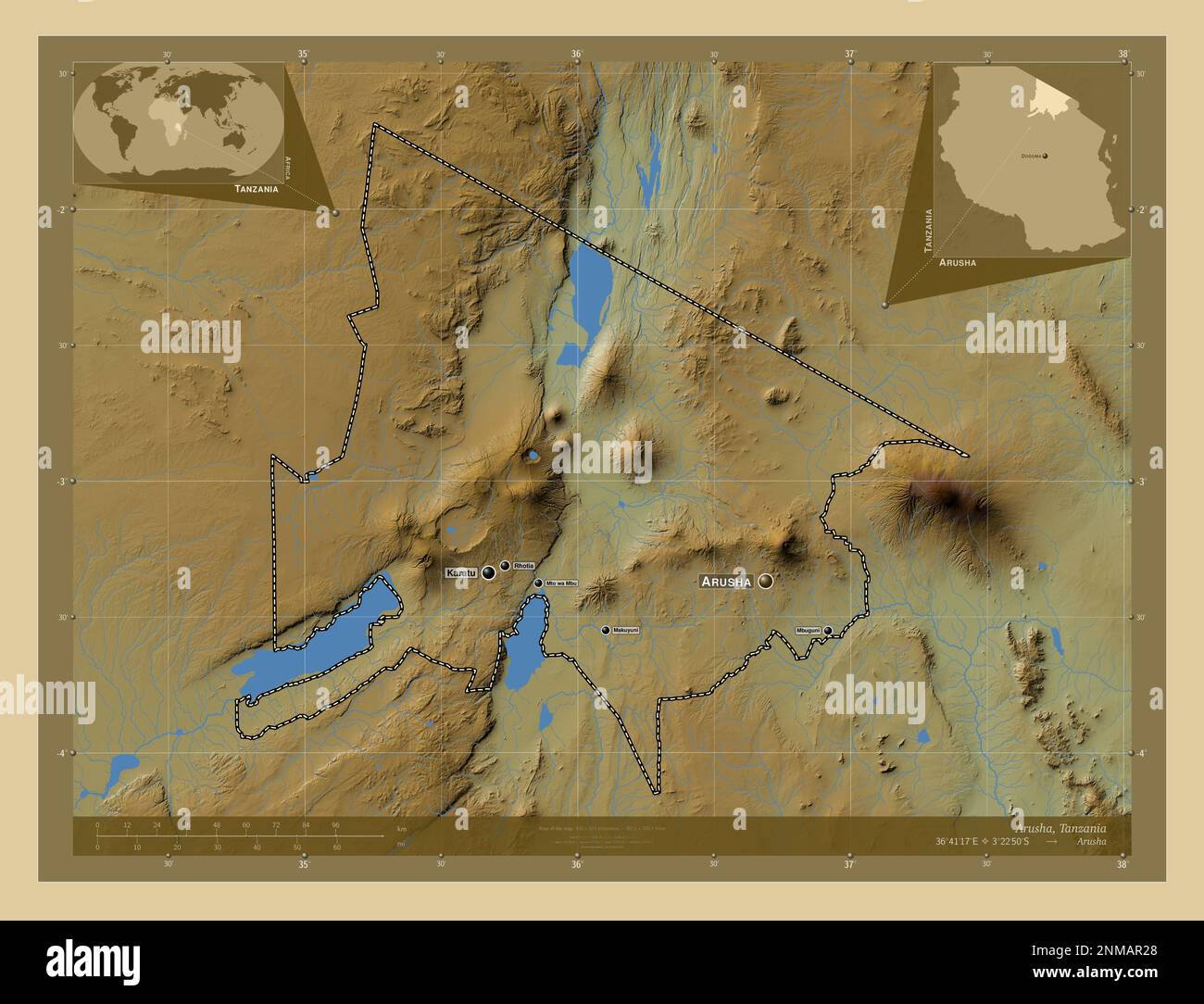 Arusha, region of Tanzania. Colored elevation map with lakes and rivers ...