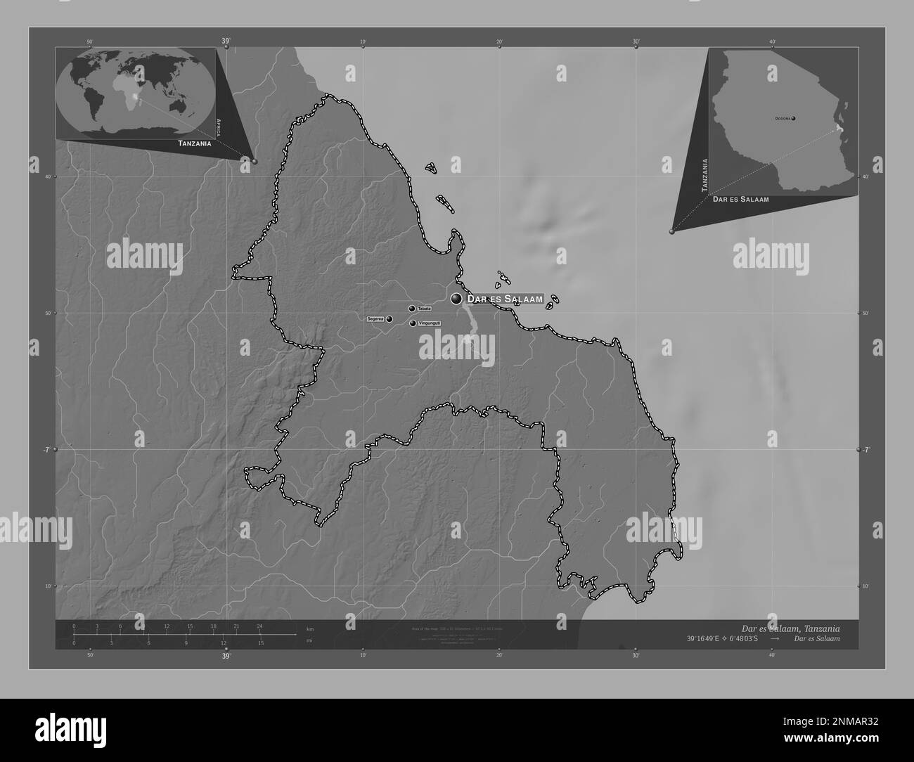 Dar es Salaam, region of Tanzania. Bilevel elevation map with lakes and ...