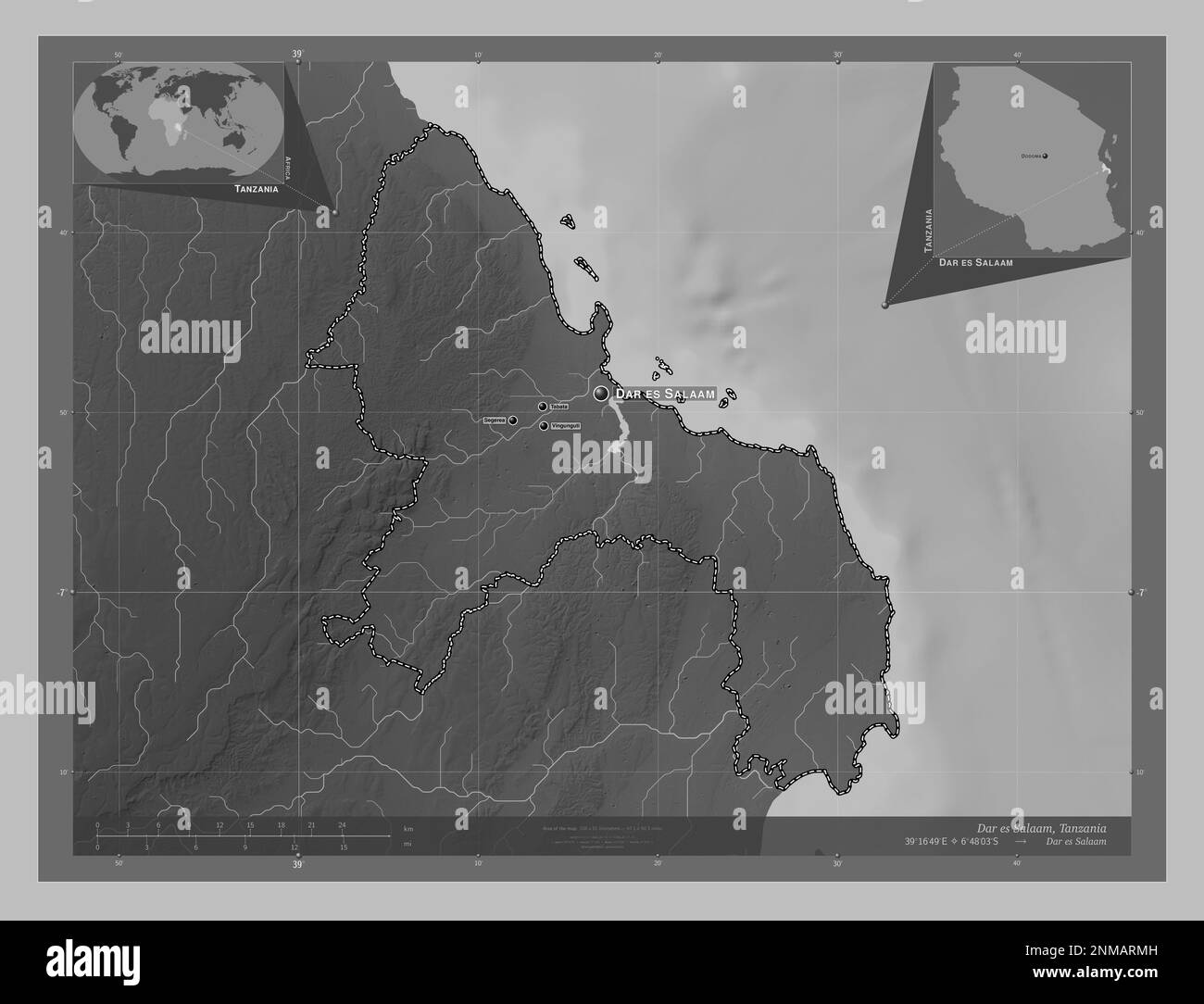 Dar es Salaam, region of Tanzania. Grayscale elevation map with lakes ...