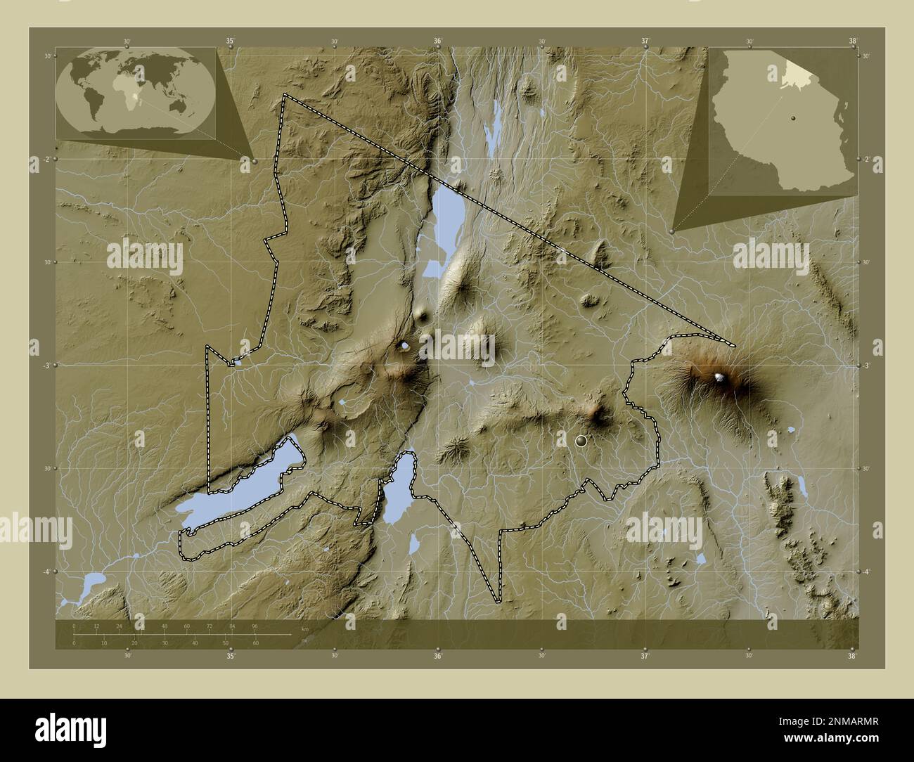 Arusha, region of Tanzania. Elevation map colored in wiki style with ...