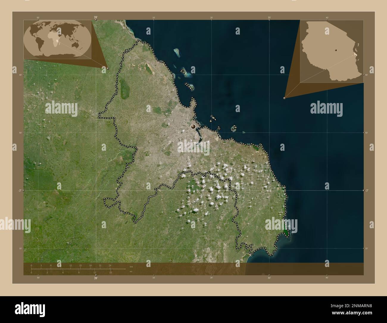 Dar es Salaam, region of Tanzania. Low resolution satellite map. Corner ...