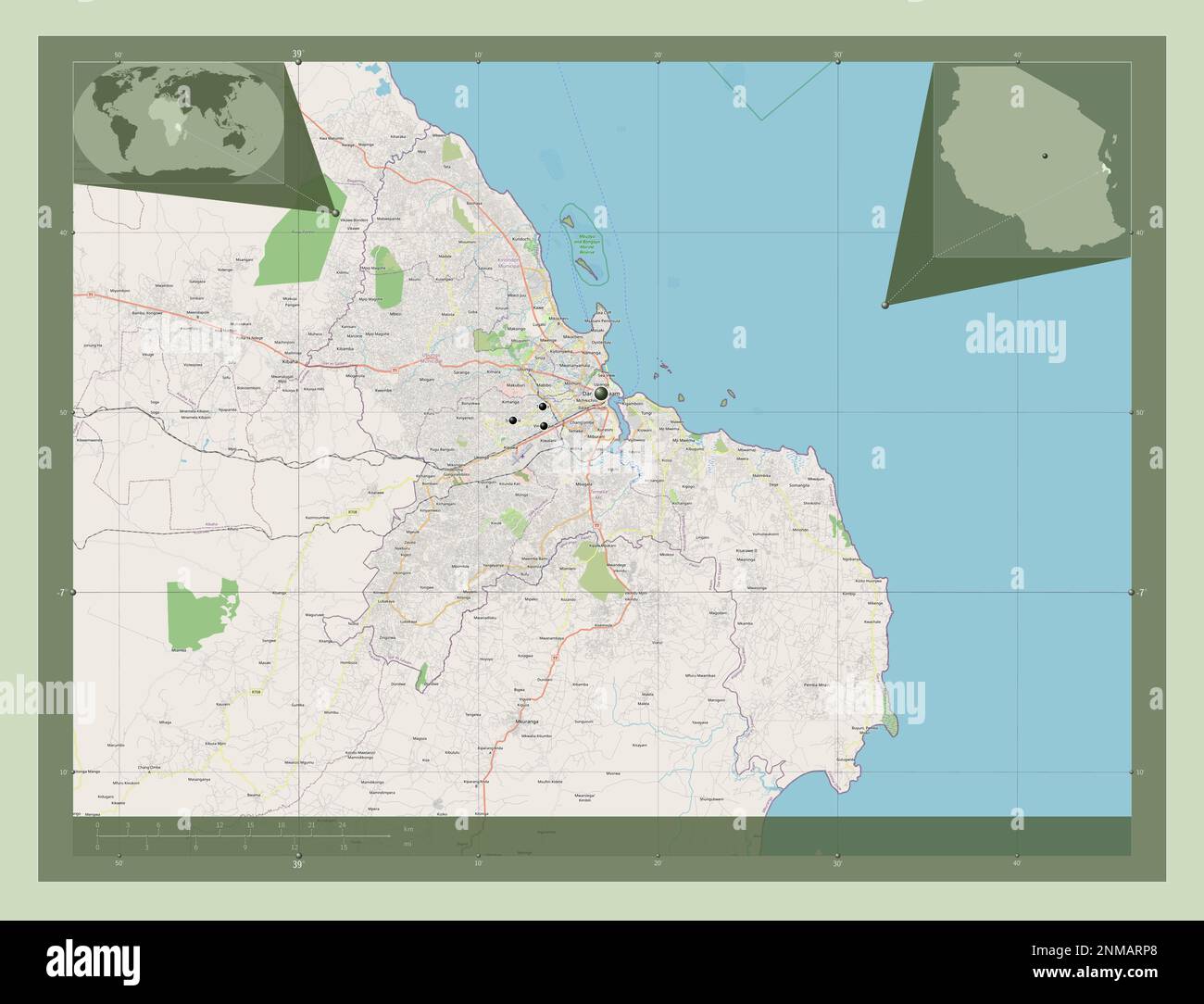 Dar es Salaam, region of Tanzania. Open Street Map. Locations of major ...