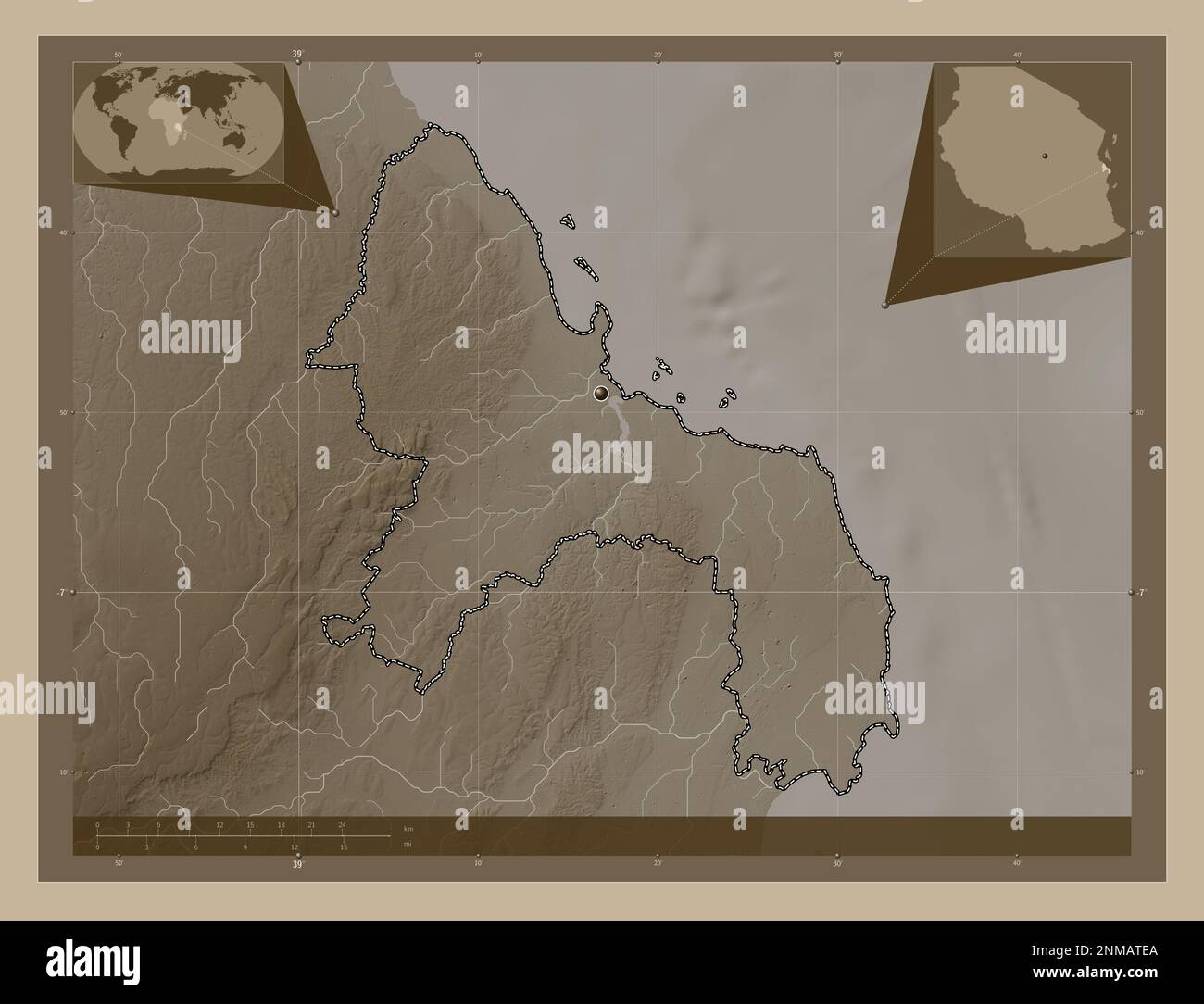 Dar es Salaam, region of Tanzania. Elevation map colored in sepia tones ...