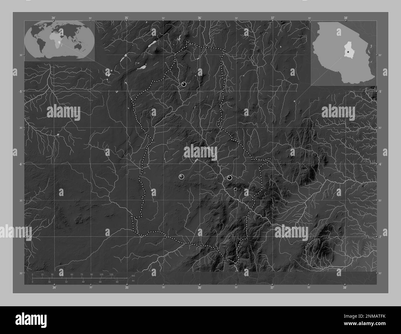 Dodoma, region of Tanzania. Grayscale elevation map with lakes and ...