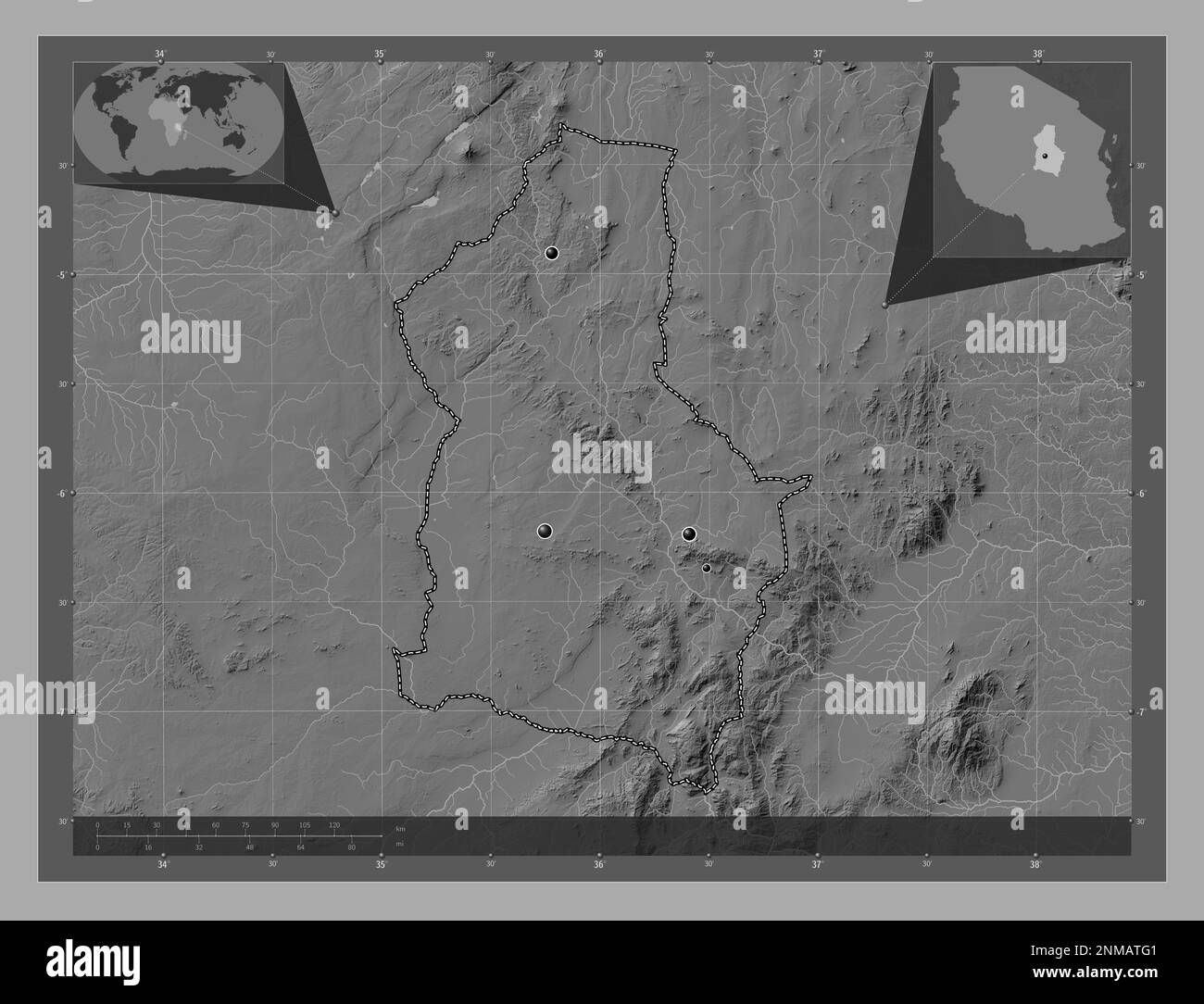 Dodoma, region of Tanzania. Bilevel elevation map with lakes and rivers ...