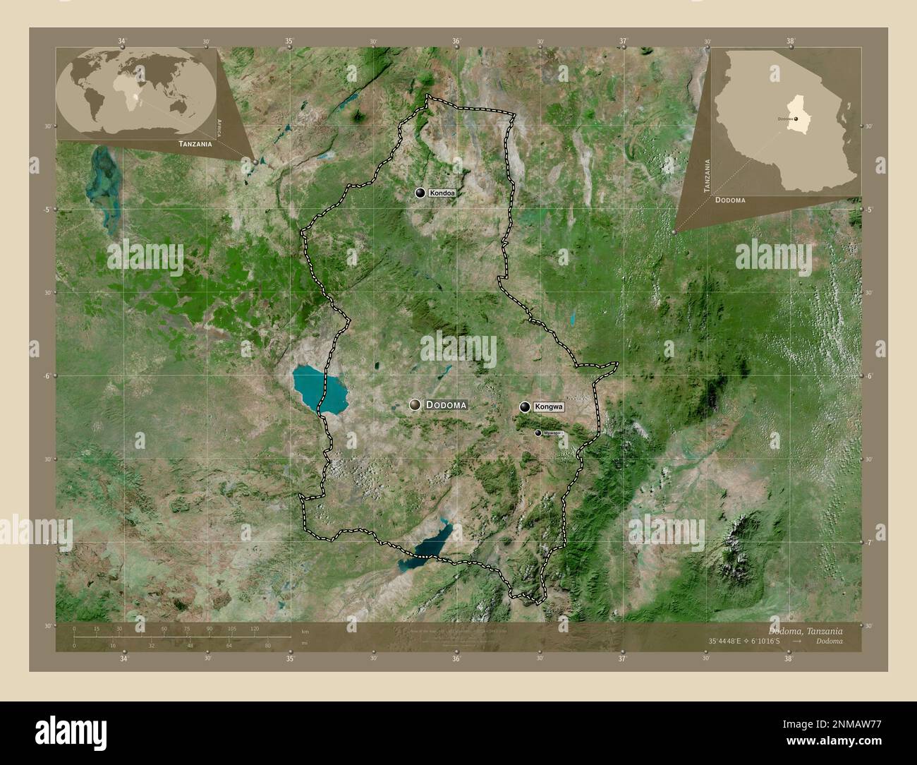 Dodoma, region of Tanzania. High resolution satellite map. Locations ...