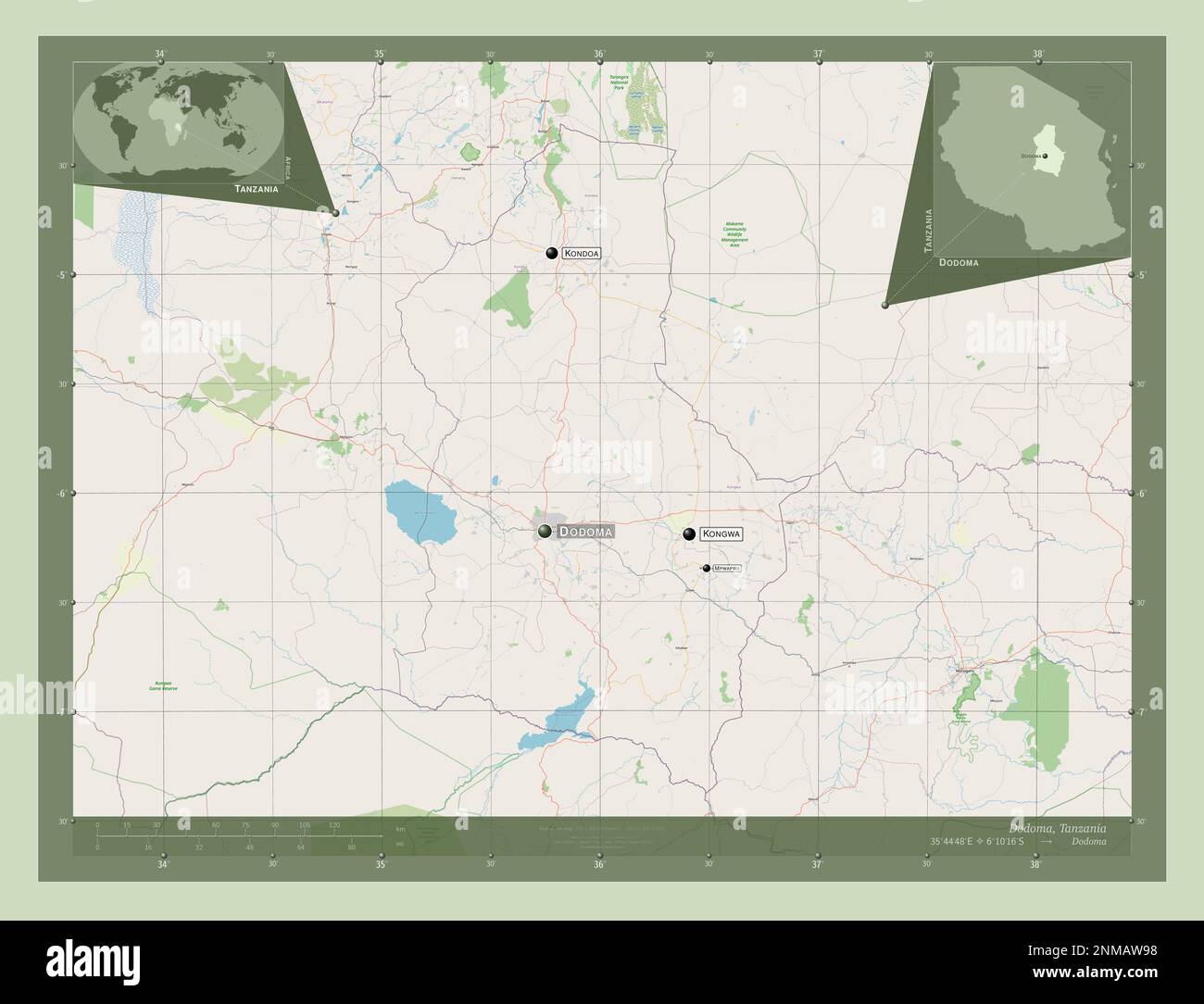 Dodoma, region of Tanzania. Open Street Map. Locations and names of ...