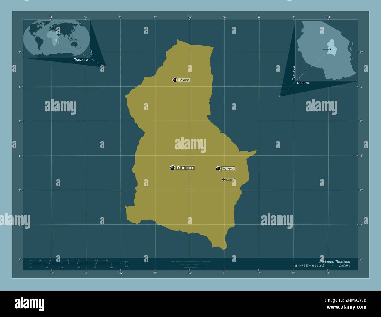 Dodoma, region of Tanzania. Solid color shape. Locations and names of ...