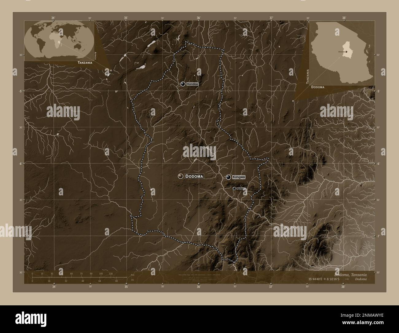 Dodoma, region of Tanzania. Elevation map colored in sepia tones with ...