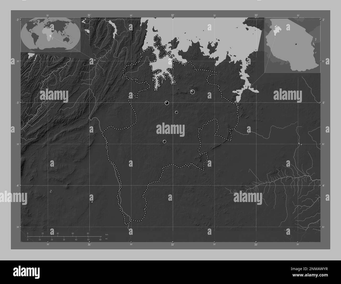 Geita, region of Tanzania. Grayscale elevation map with lakes and ...