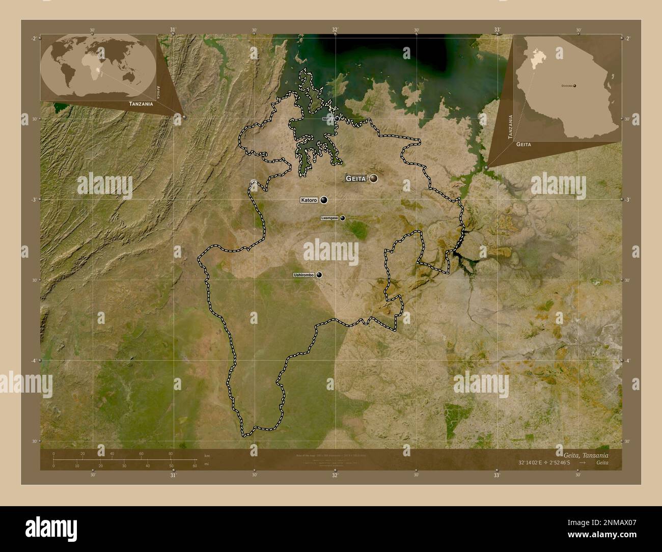 Geita, region of Tanzania. Low resolution satellite map. Locations and ...