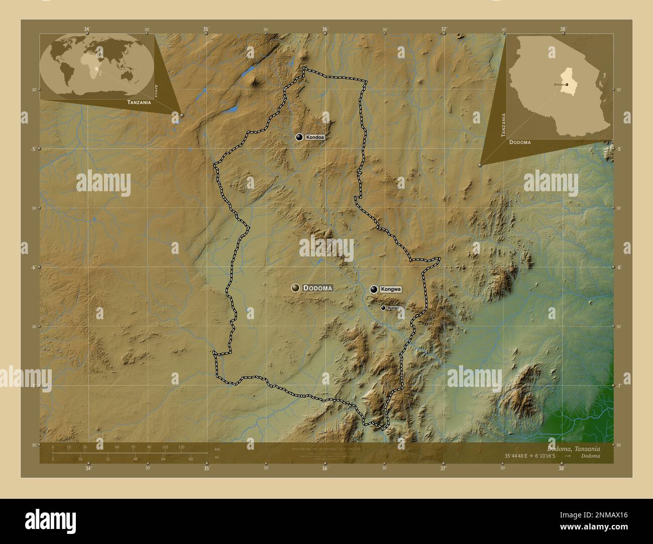 Dodoma, region of Tanzania. Colored elevation map with lakes and rivers ...
