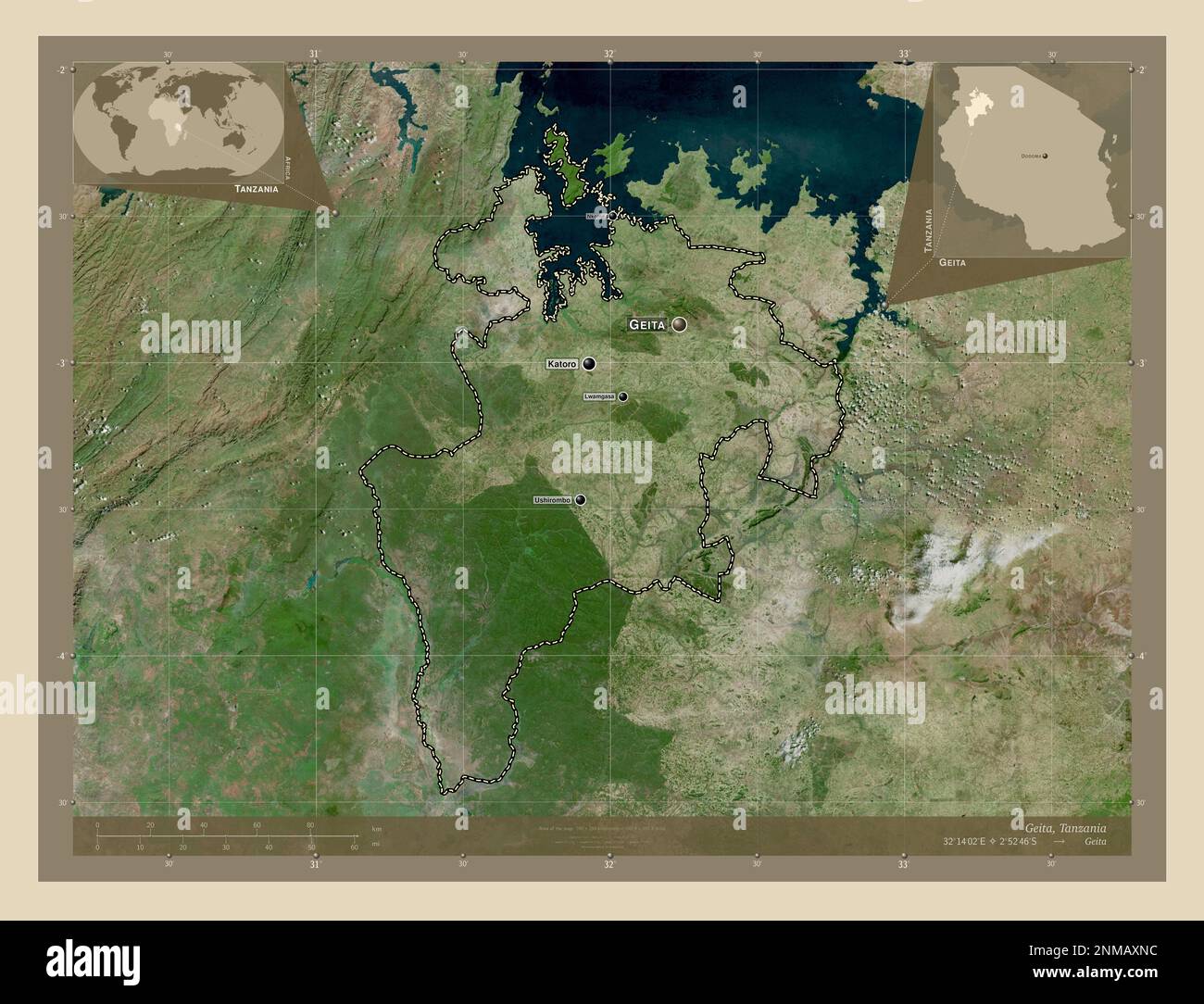 Geita, region of Tanzania. High resolution satellite map. Locations and ...