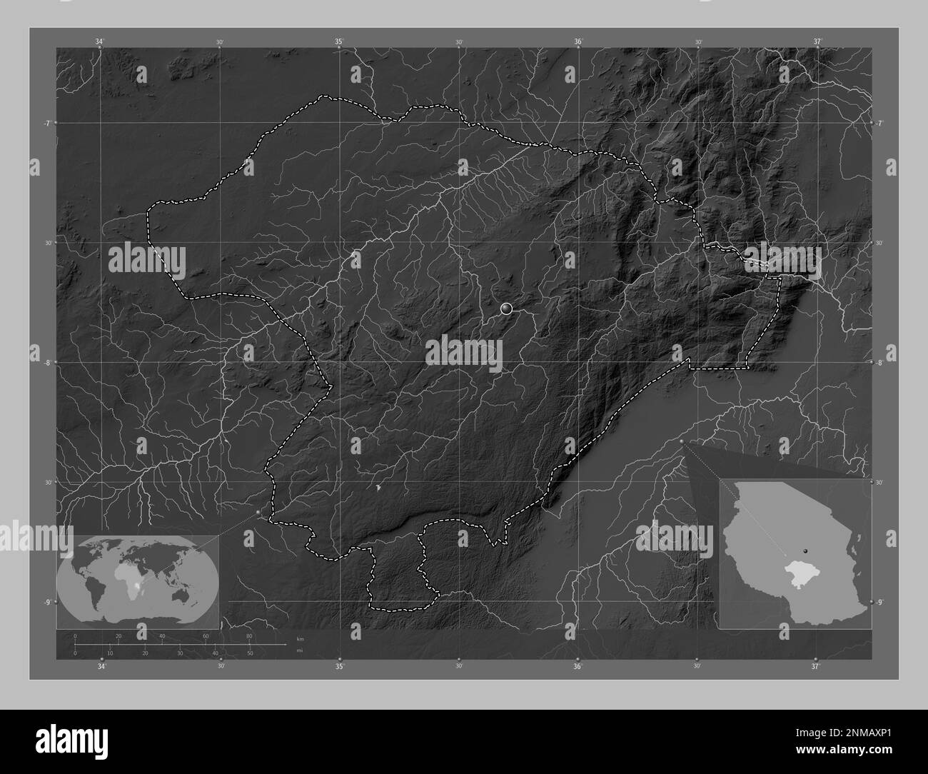 Iringa, region of Tanzania. Grayscale elevation map with lakes and ...
